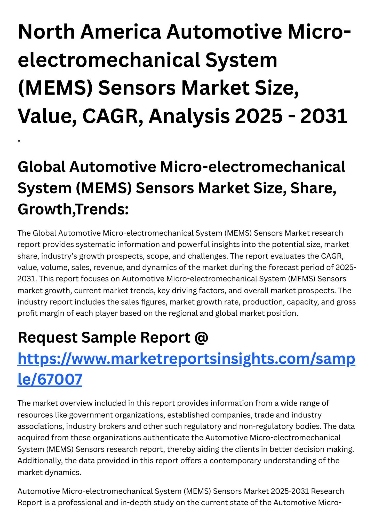 North America Automotive Micro-electromechanical System (MEMS) Sensors ...