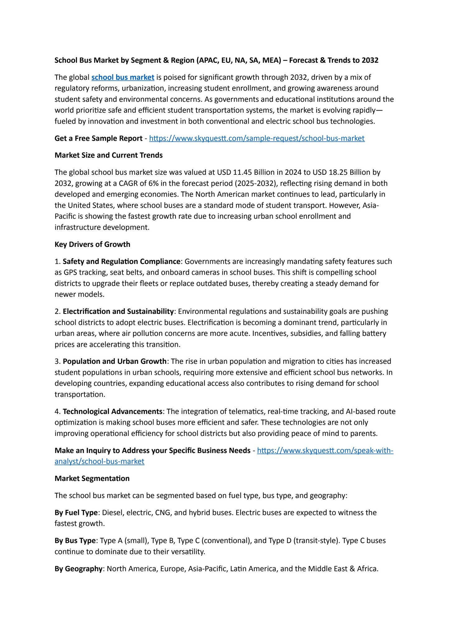 School Bus Market by Segment & Region (APAC, EU, NA, SA, MEA ...