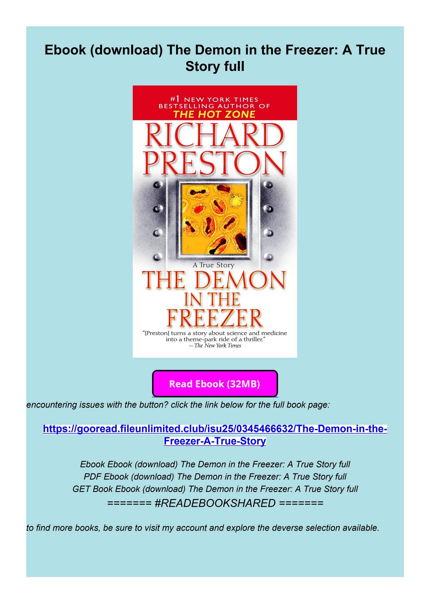 Ebook (download) The Demon in the Freezer: A True Story full by ...