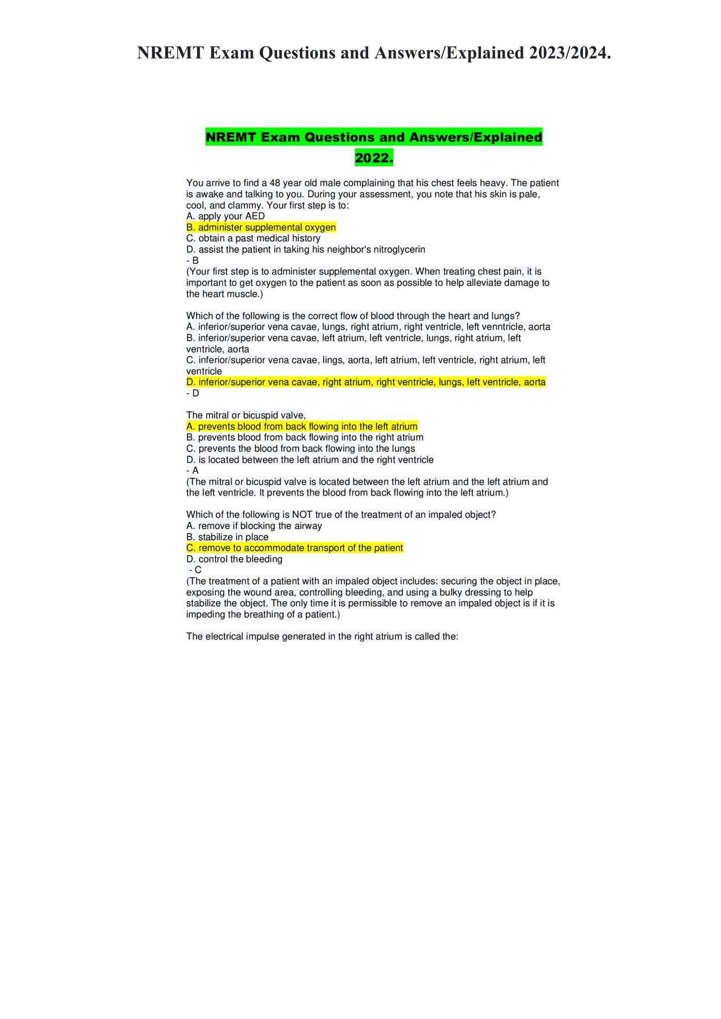 NREMT Exam Correct Questions and Answers by Scholarfriends - Issuu