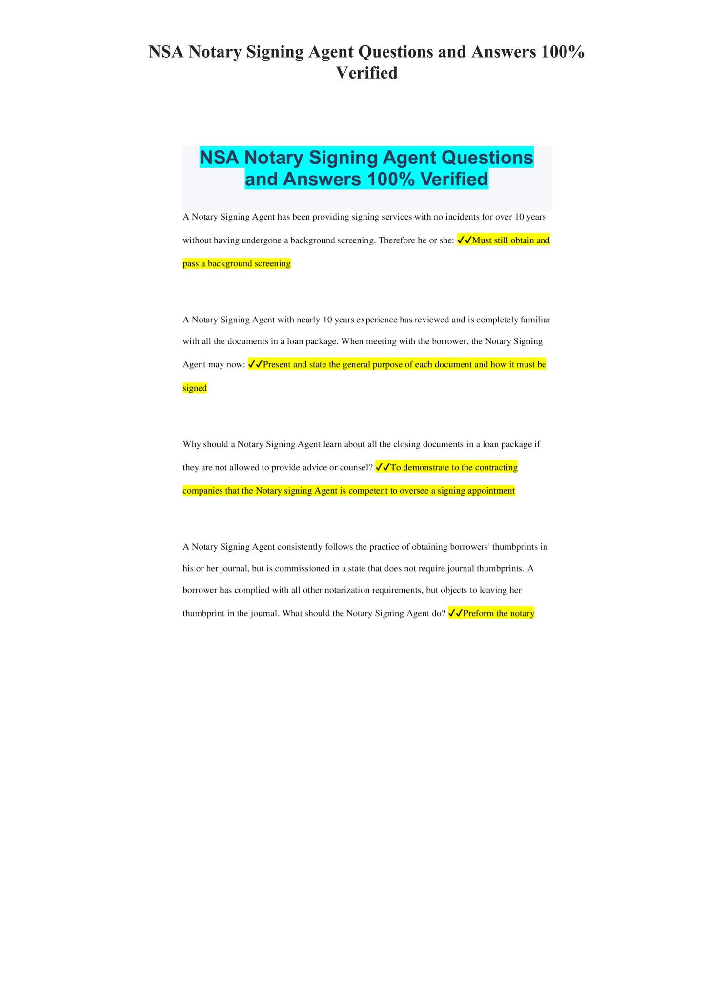 NSA Notary Signing Agent Questions and Answers 100% Verified by ...