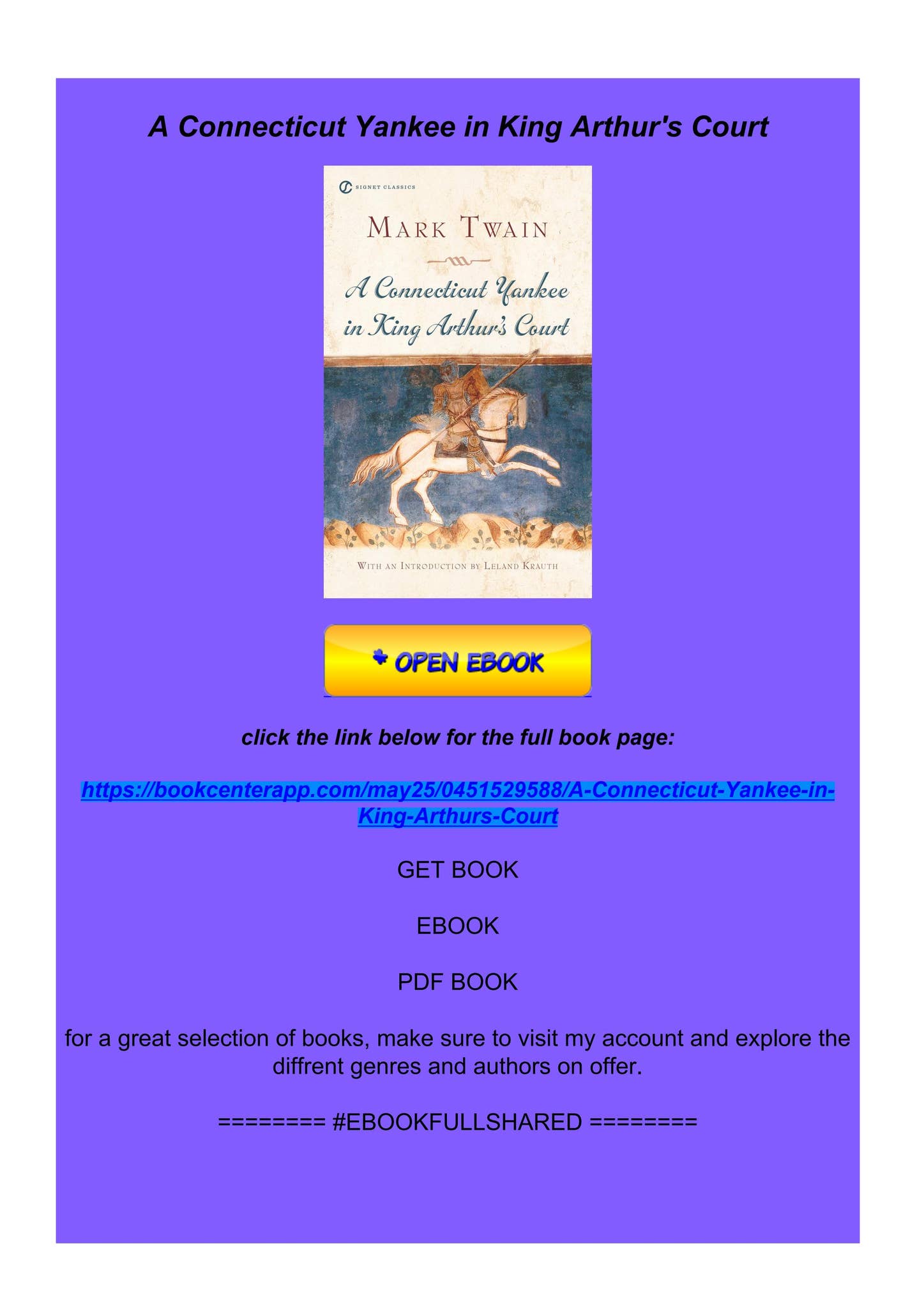 [PDF] READ Free A Connecticut Yankee in King Arthur's Court by ...