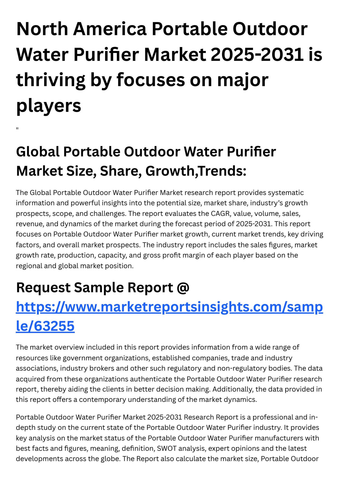 North America Portable Outdoor Water Purifier Market 2025-2031 is ...