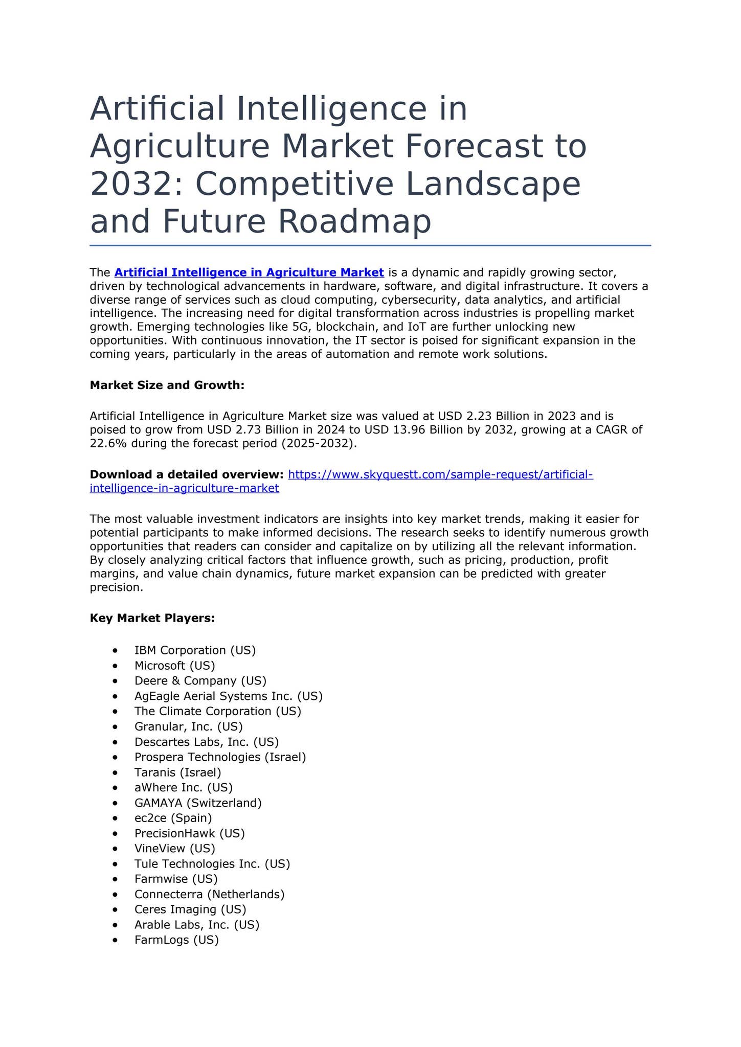 Artificial Intelligence in Agriculture Market Forecast to 2032 by ...