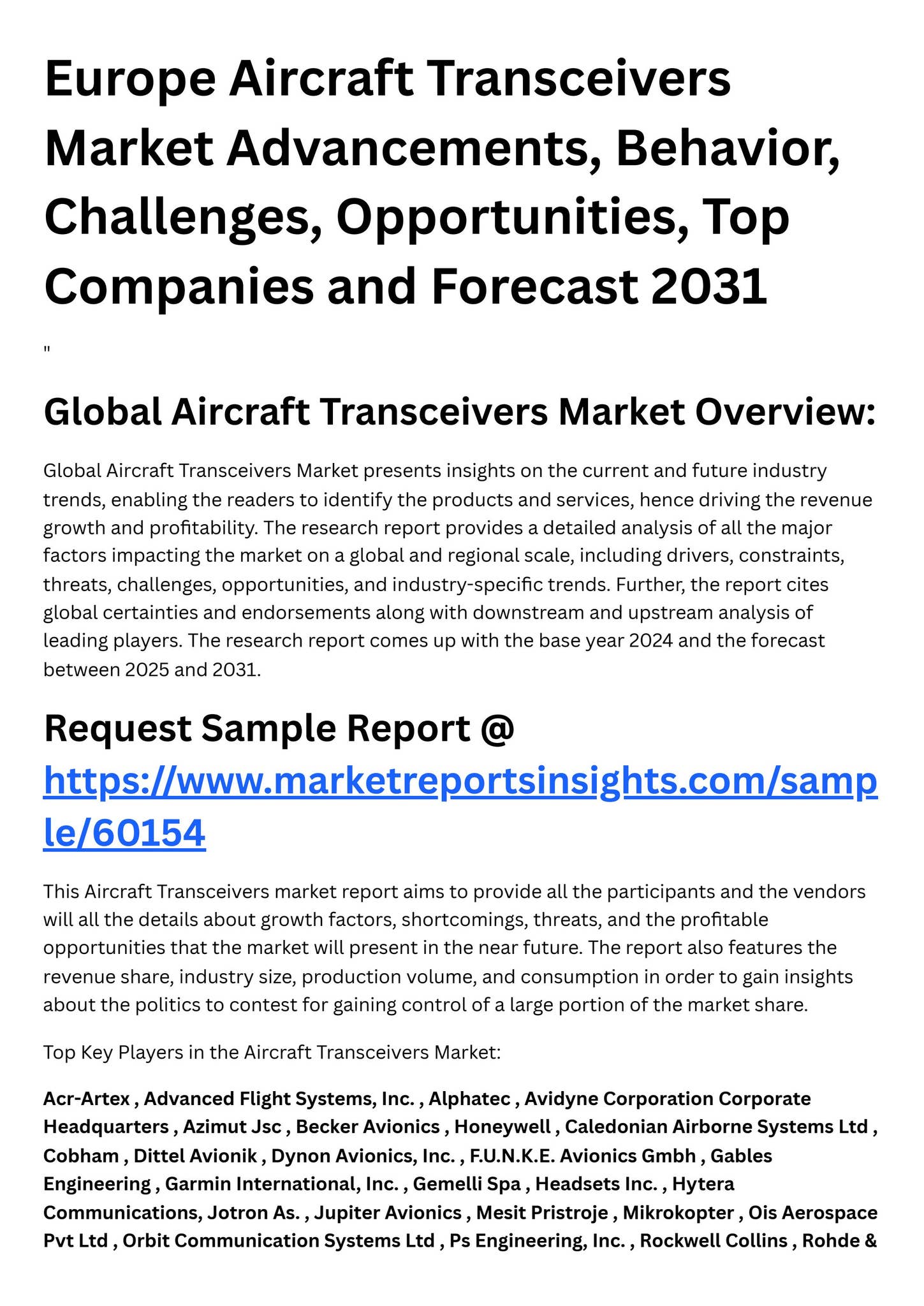 Europe Aircraft Transceivers Market Advancements, Behavior, Challenges ...