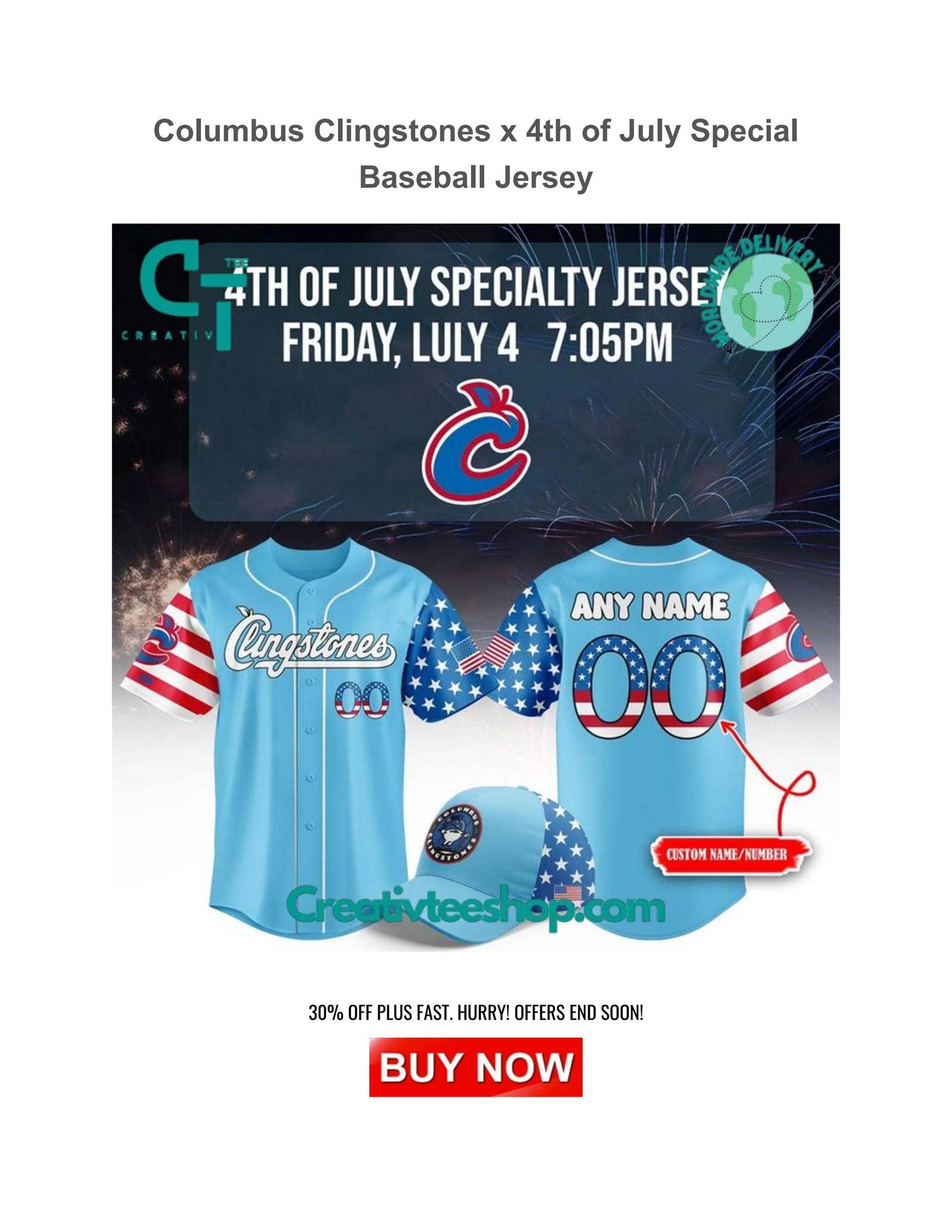 Columbus Clingstones x 4th of July Special Baseball Jersey by Hung ...