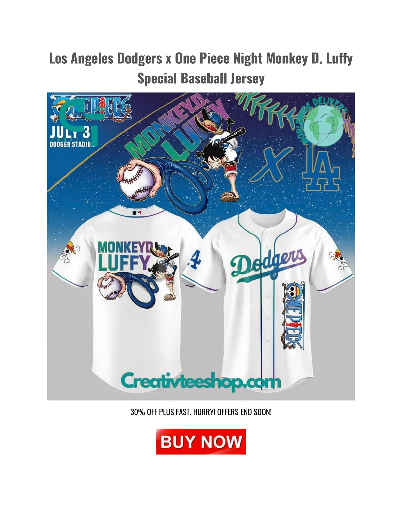 Los Angeles Dodgers x One Piece Night Monkey D. Luffy Special Baseball ...