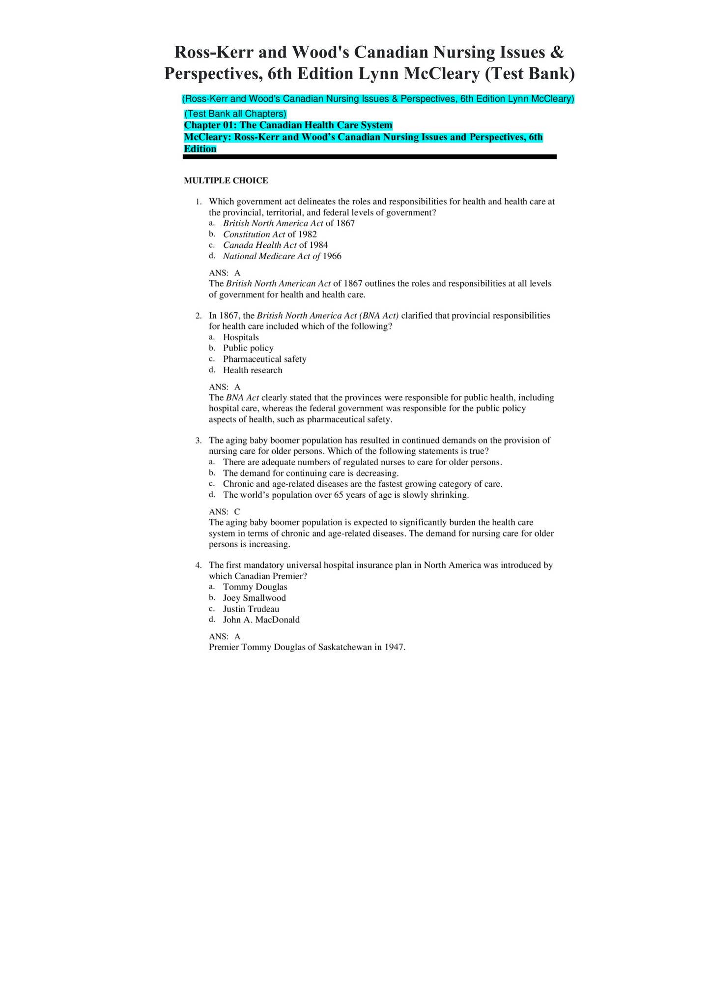 Test Bank for Ross-Kerr and Wood's Canadian Nursing Issues ...