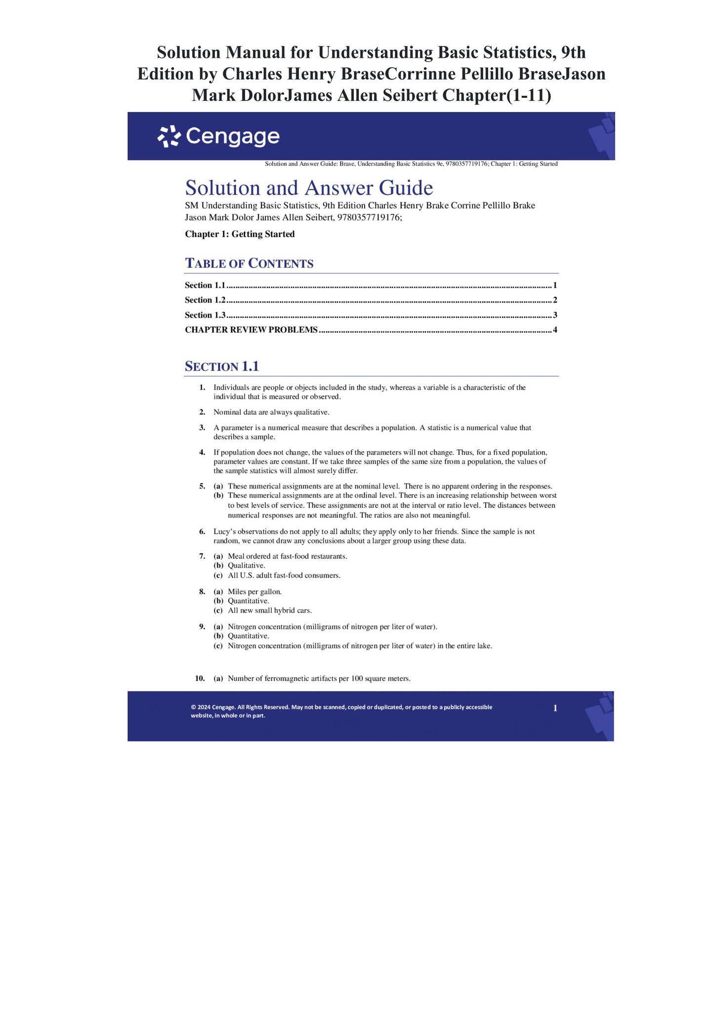 Solution Manual for Understanding Basic Statistics, 9th Edition by Charles Henry Brase, Corrinne ...