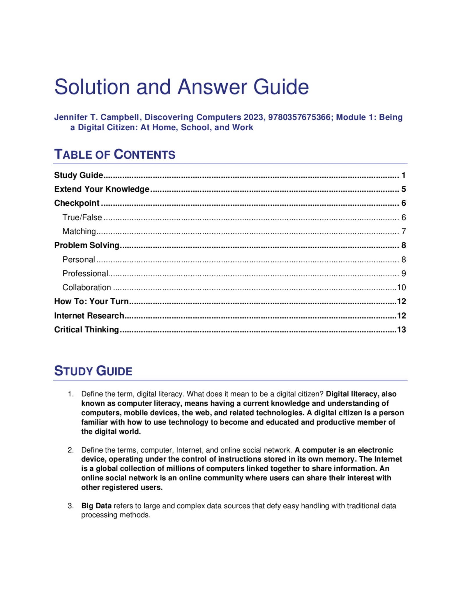 Solutions Manual for Discovering Computers Digital Technology, Data ...