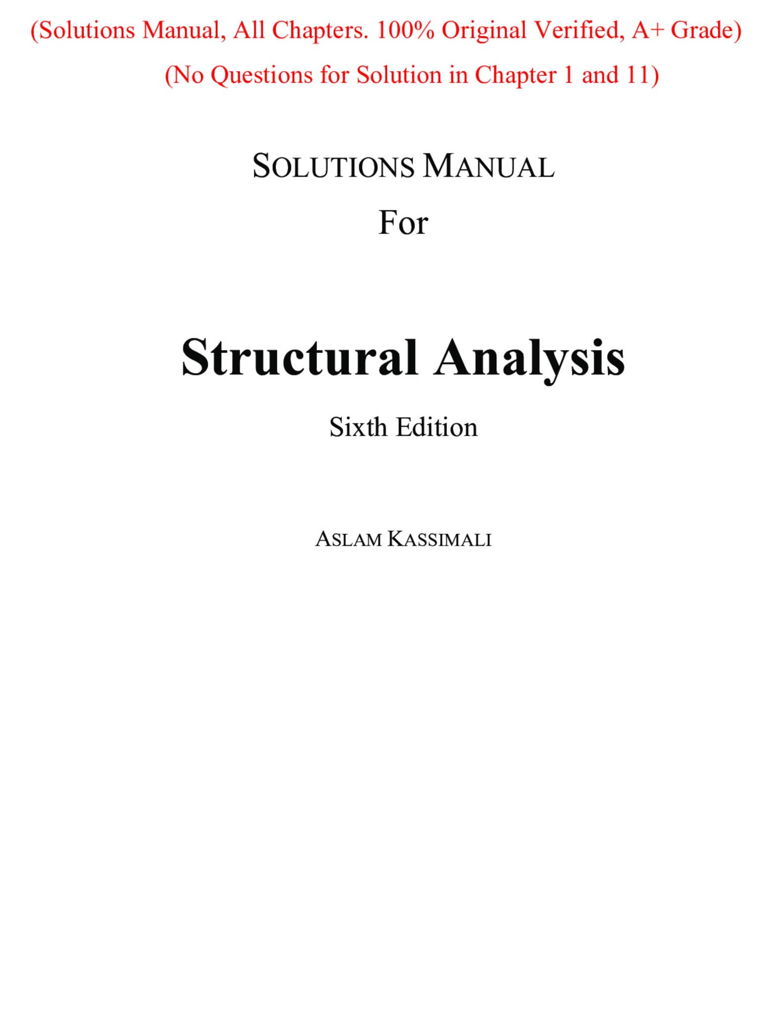 Structural Analysis 6th Edition By Aslam Kassimali | Solutions Manual ...