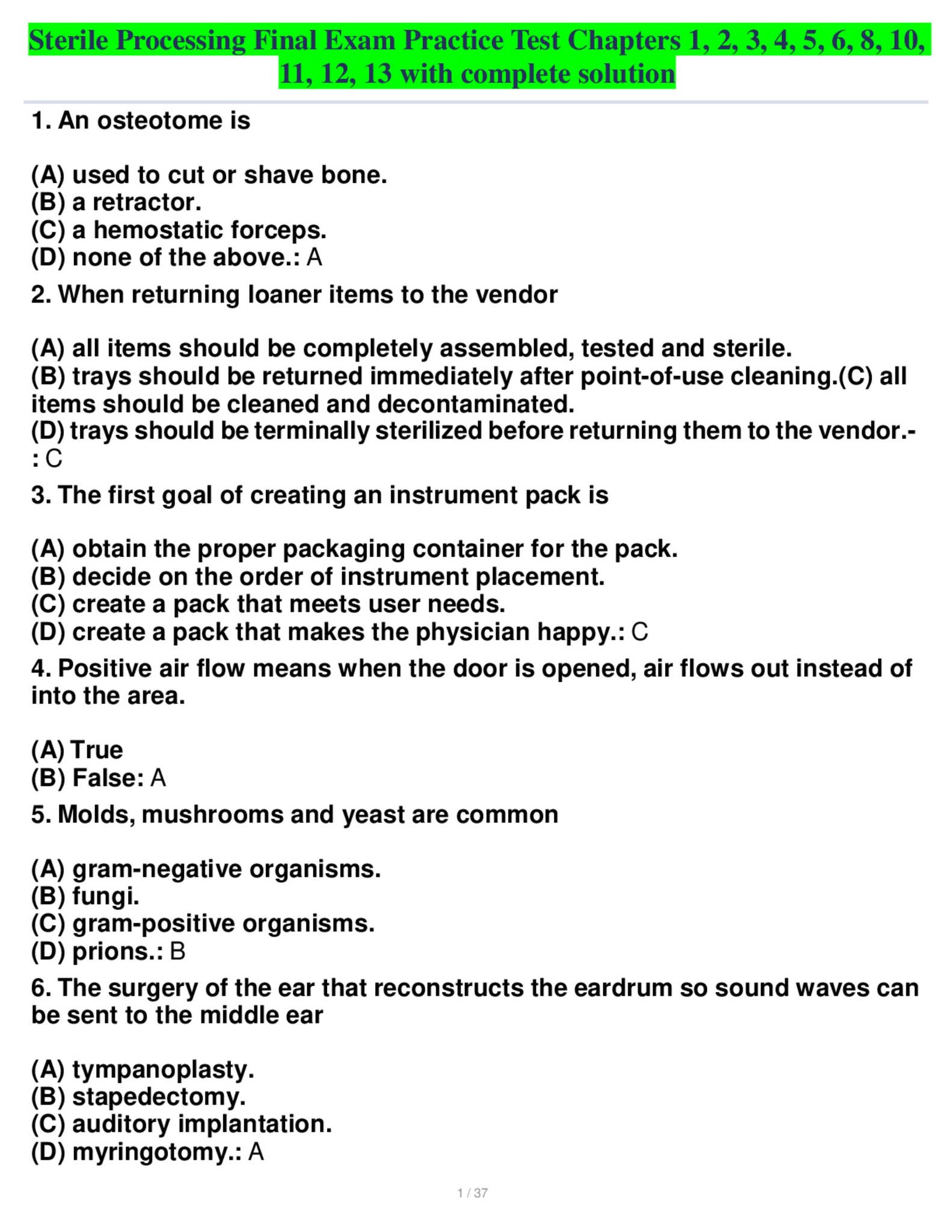 Sterile Processing Final Exam Practice Test Chapters 1, 2, 3, 4, 5, 6 ...
