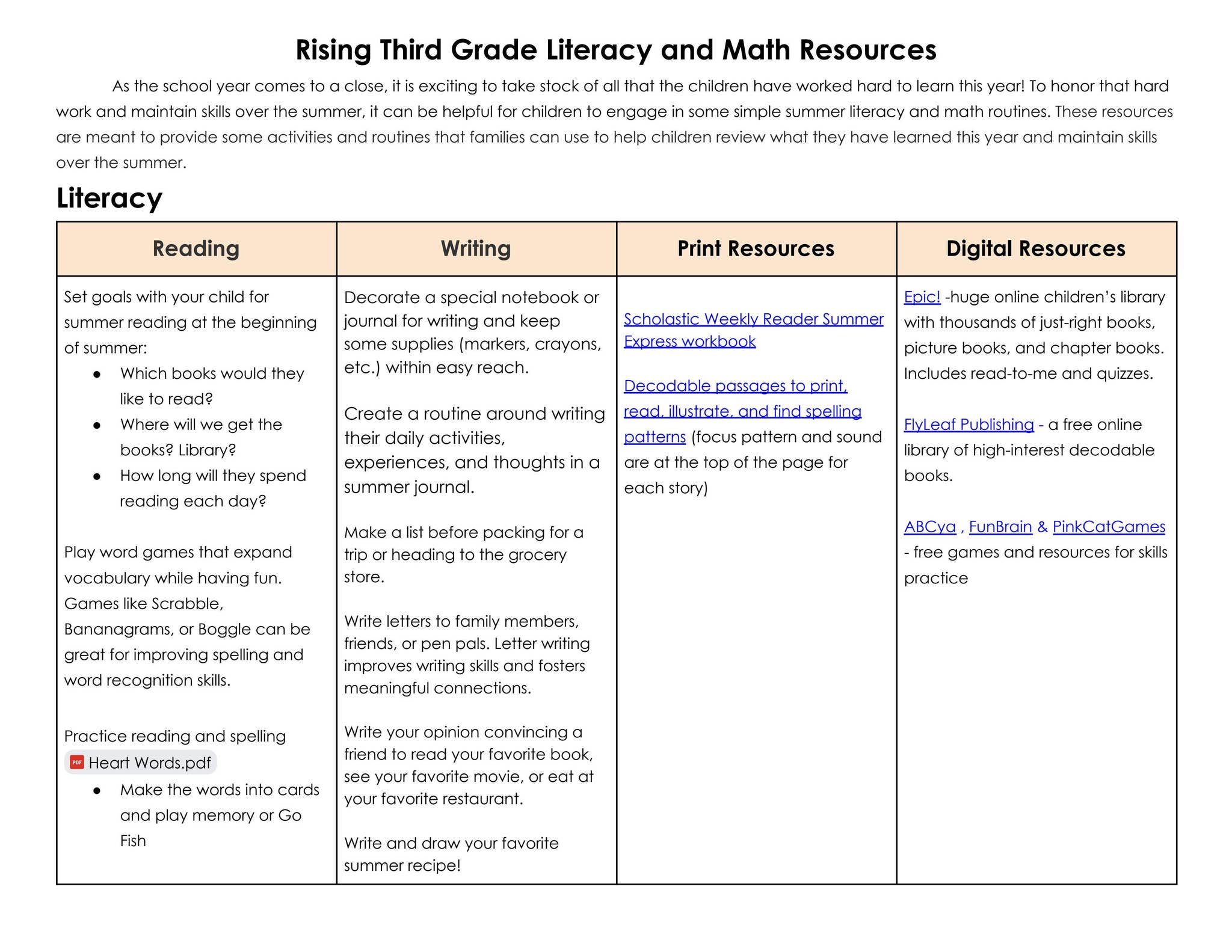 Rising 3rd Grade Literacy and Math Resources by Dwight-Englewood School ...