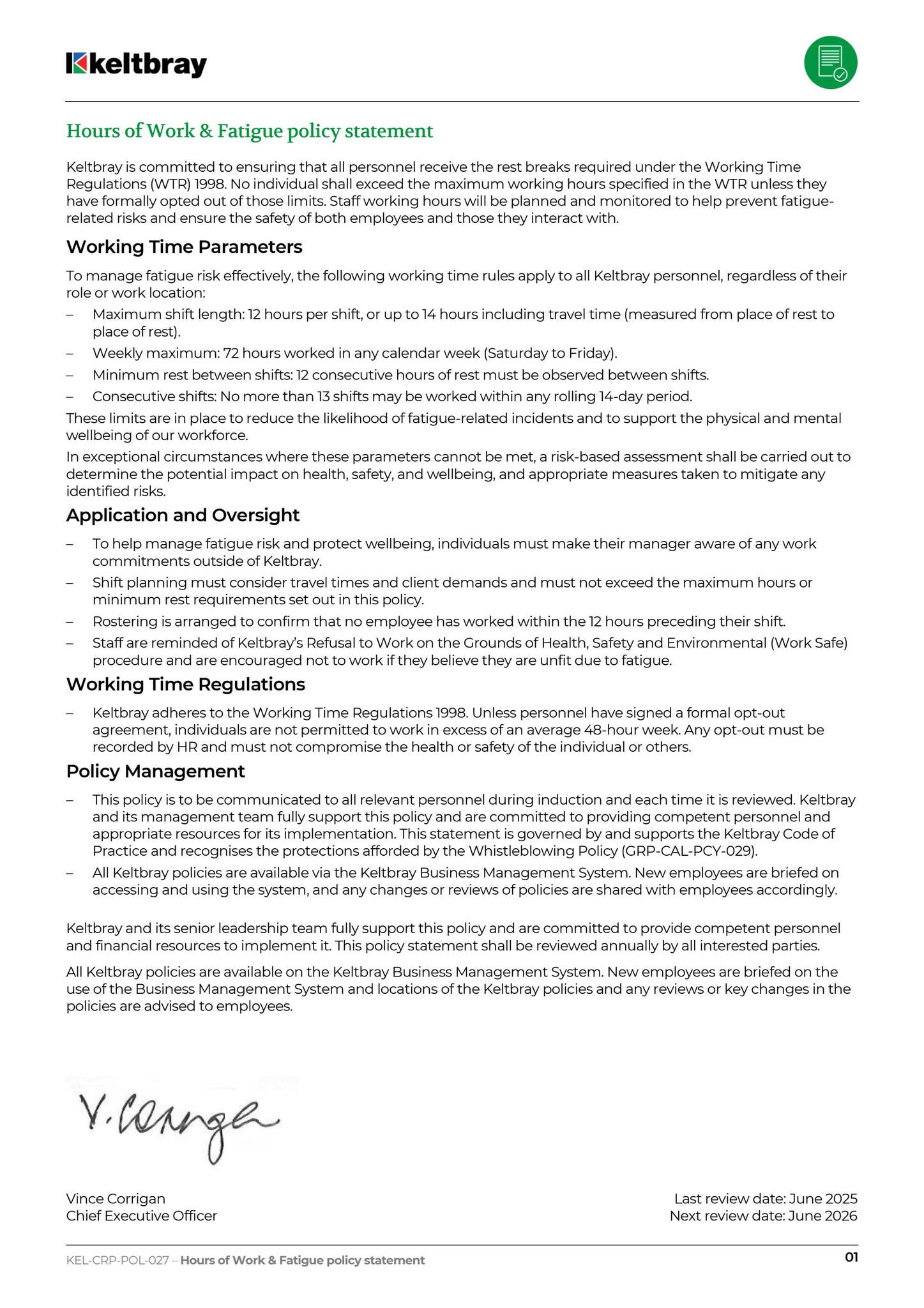 Hours of Work Fatigue policy statement by Keltbray - Issuu