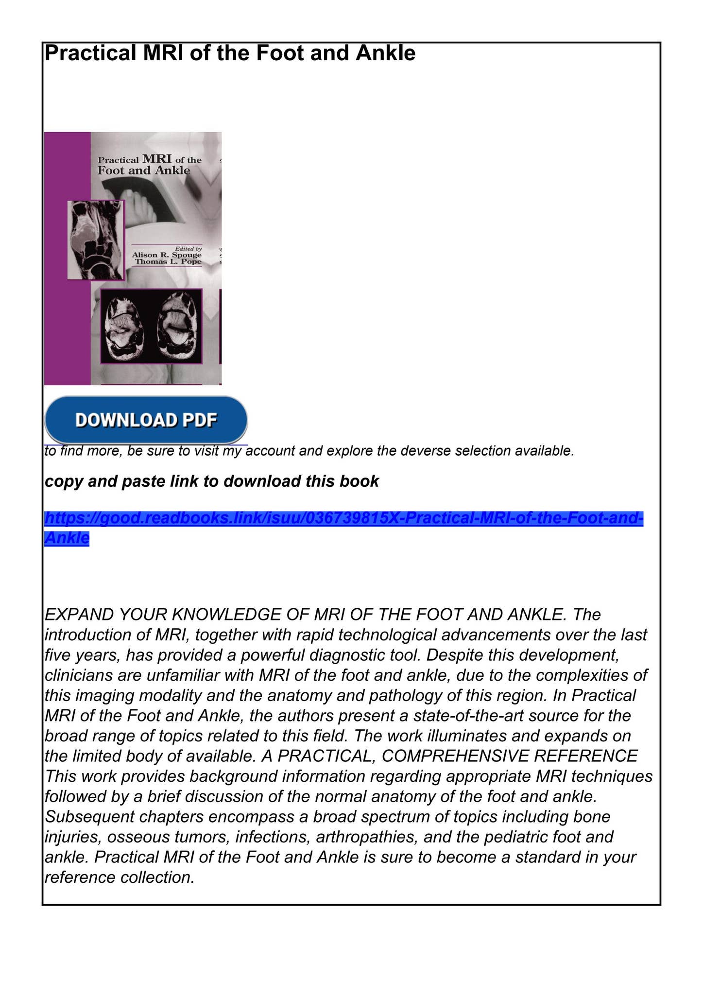 PDF Practical MRI of the Foot and Ankle by erftgghfffd - Issuu