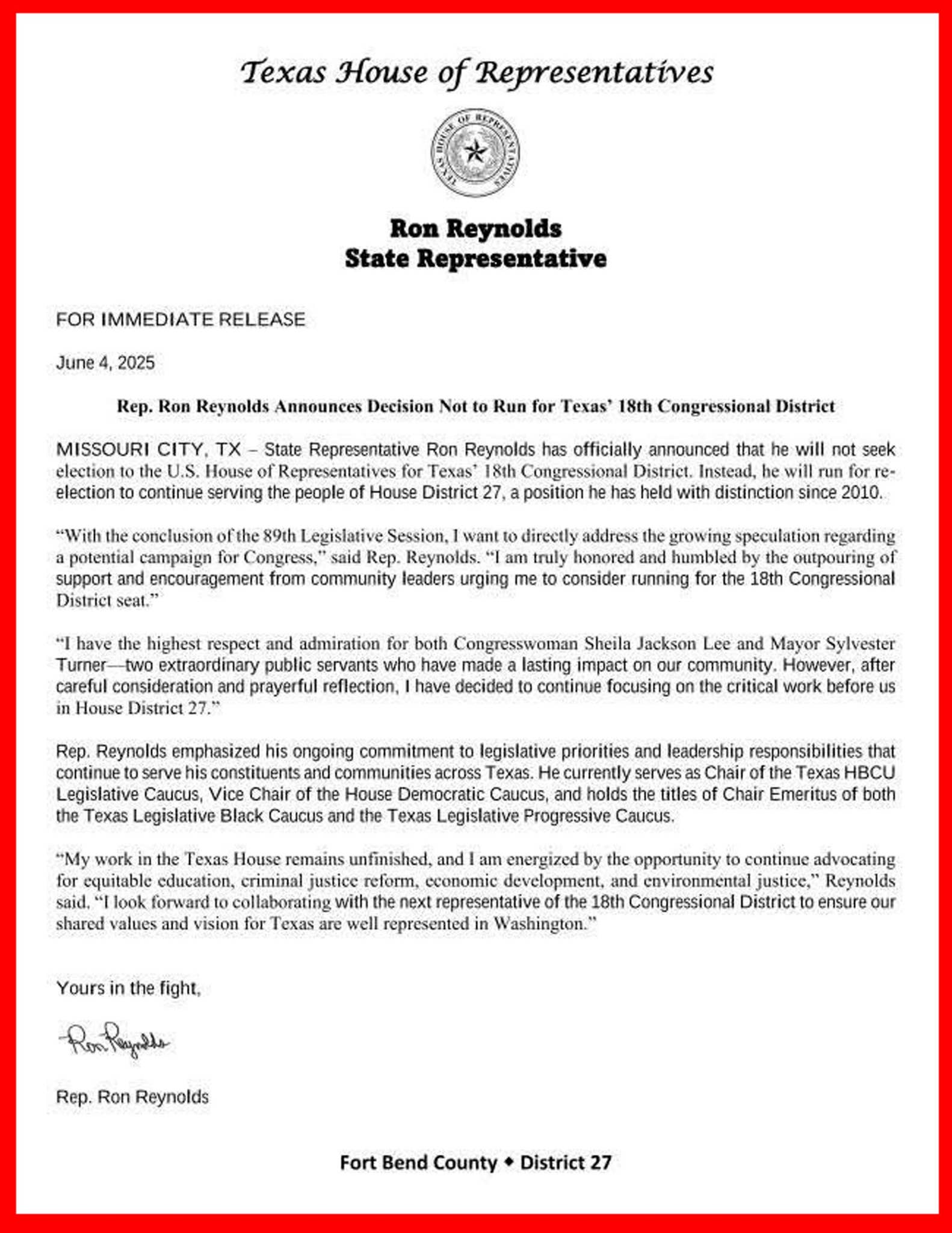 LETTER - State Representative Ron Reynolds Decides Not to Run for ...