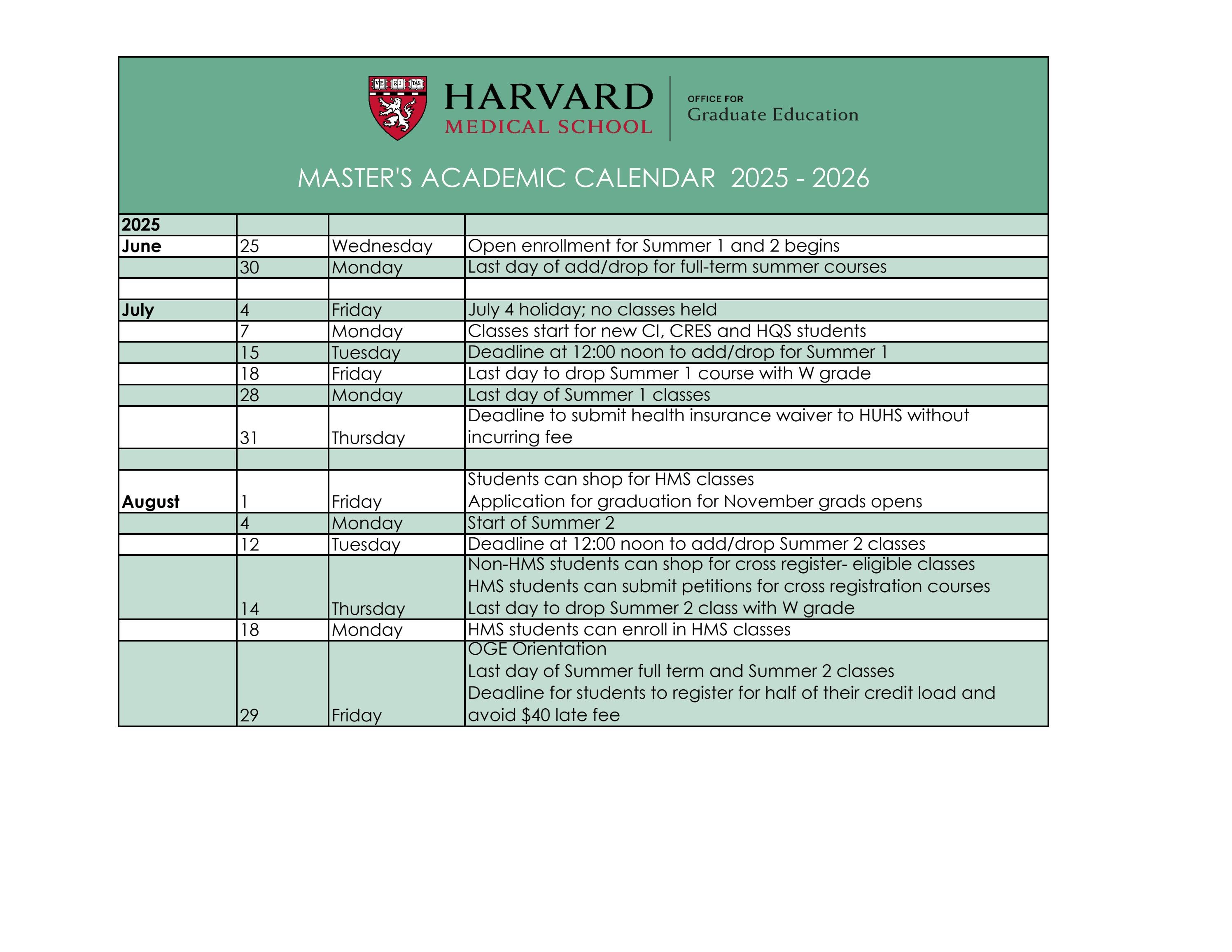 AY26 Master's Academic Calendar (2025 - 2026) by Harvard Medical School ...