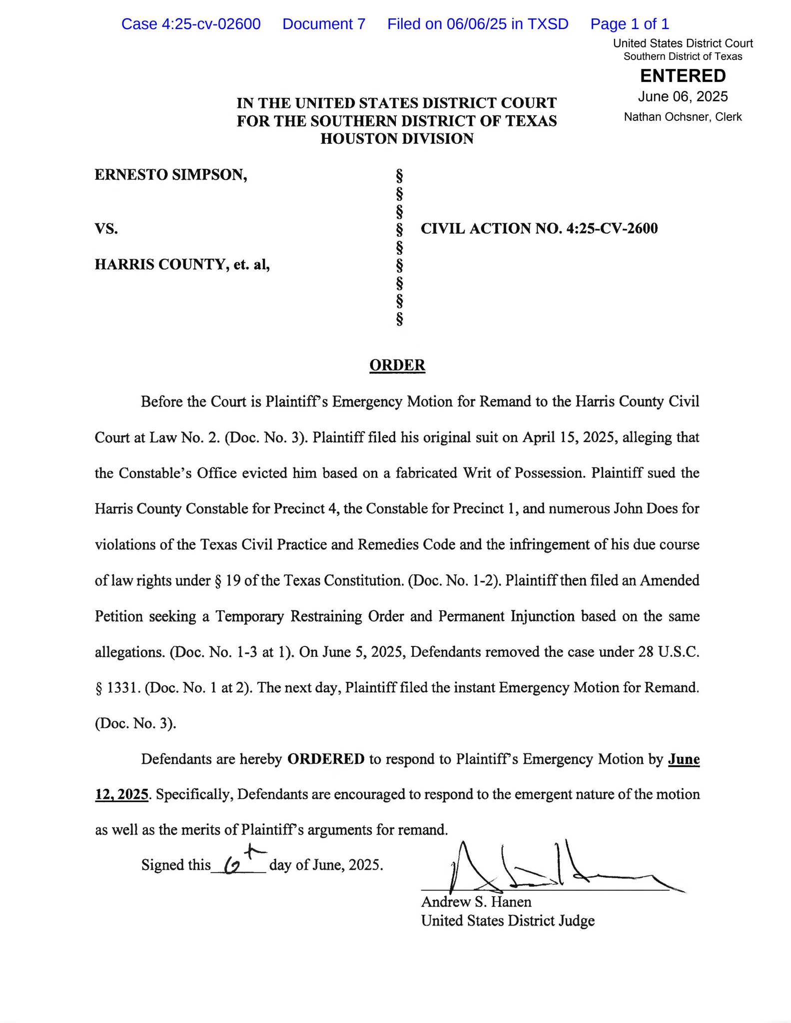 CIVIL ACTION - Emergency Motion for Remand to the Harris County Civil ...