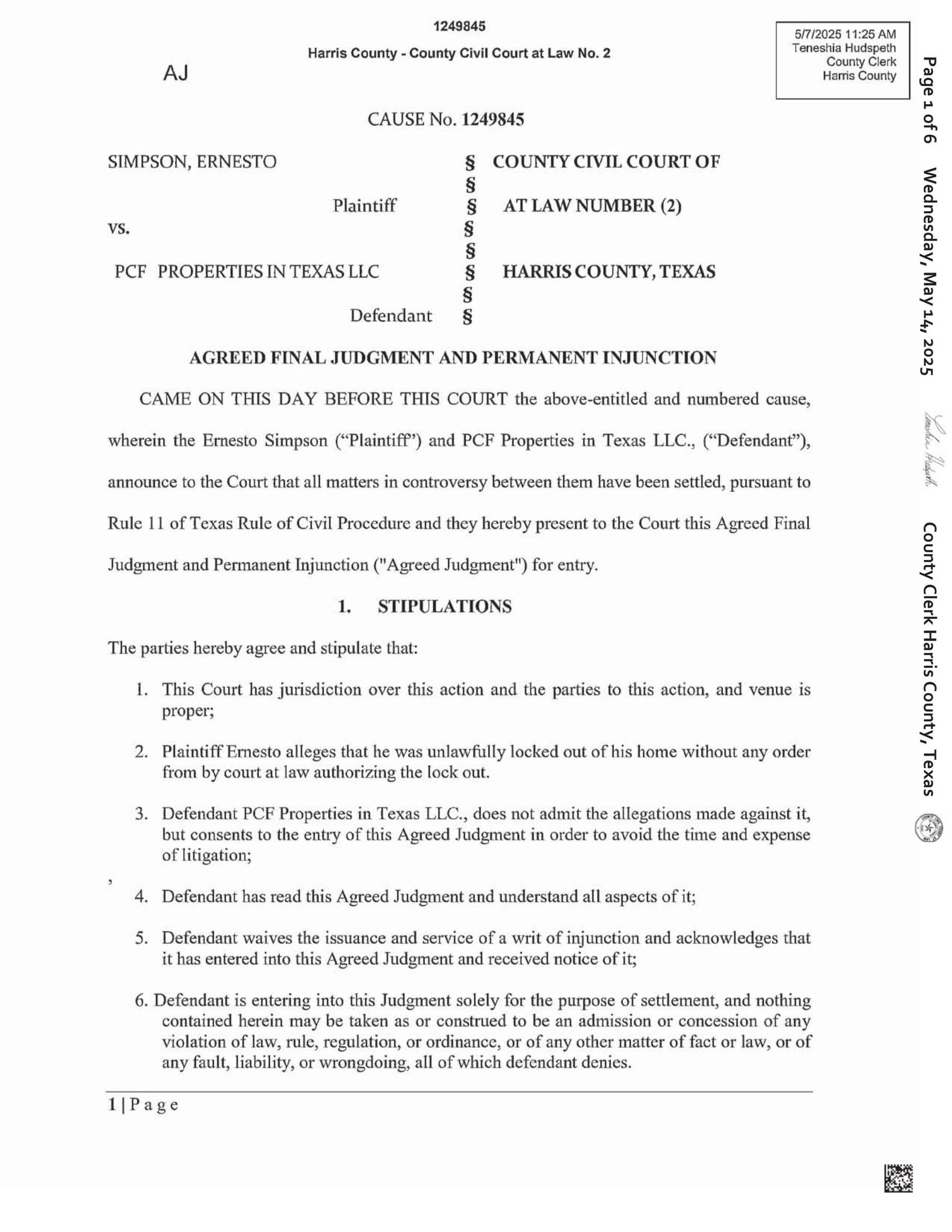 Agreed Final Judgement and Permanent Injunction in the matter involving Ernesto Simpson by ...