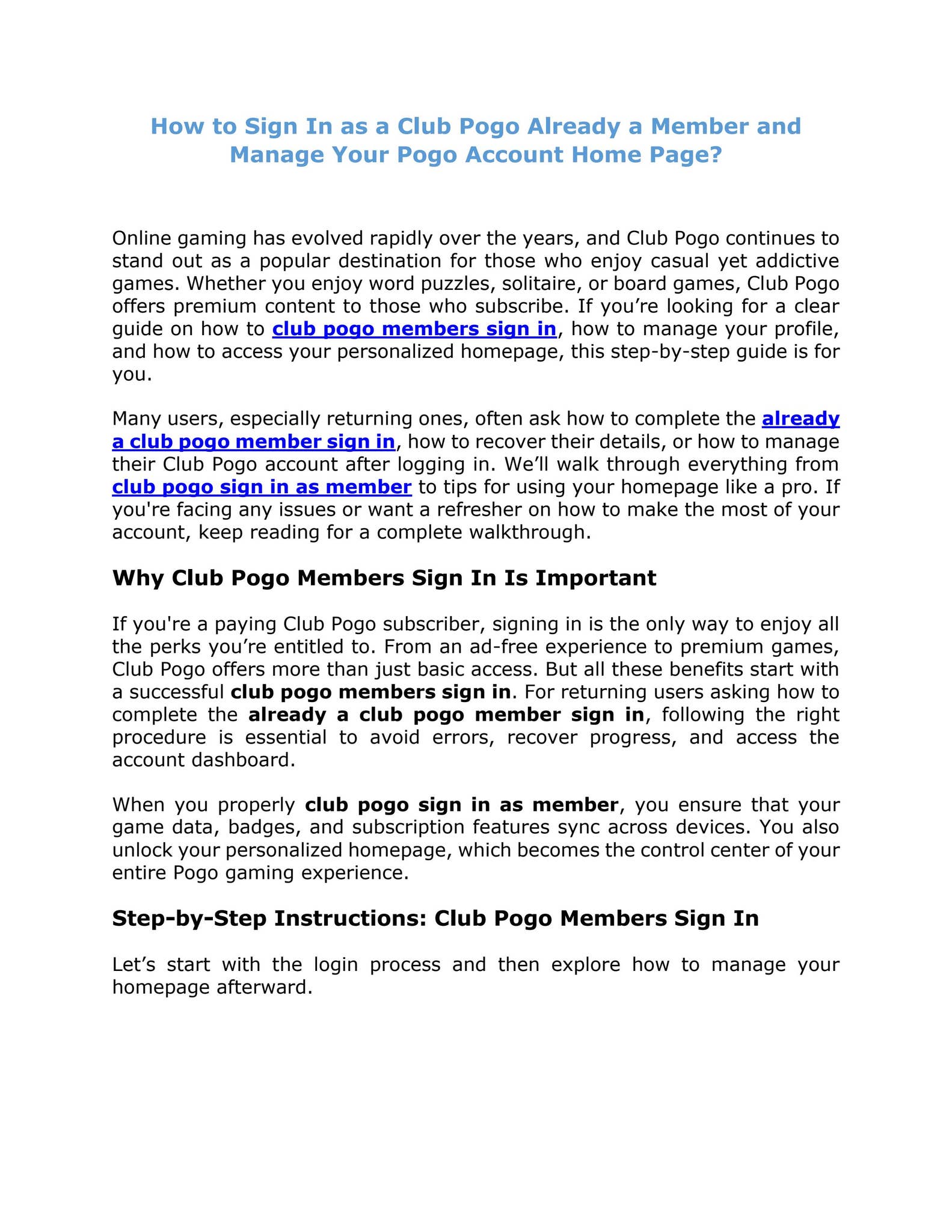 How to Sign In as a Club Pogo Already a Member and Manage Your Pogo ...