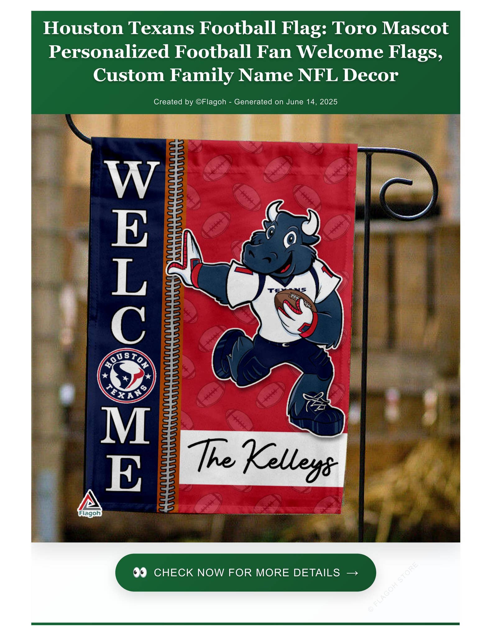 Houston Texans Football Flag: Toro Mascot Personalized NFL Welcome ...