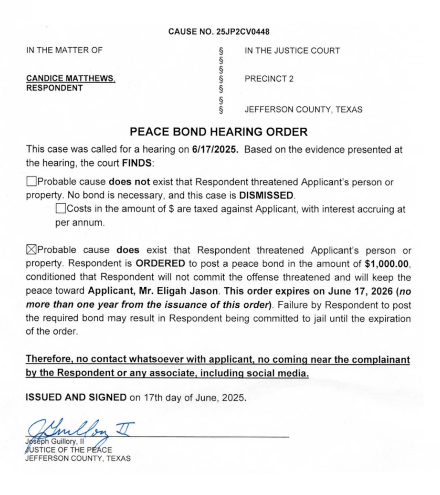 FINAL ORDER - Candice Matthews Has Been Placed Under a One Year Peace ...