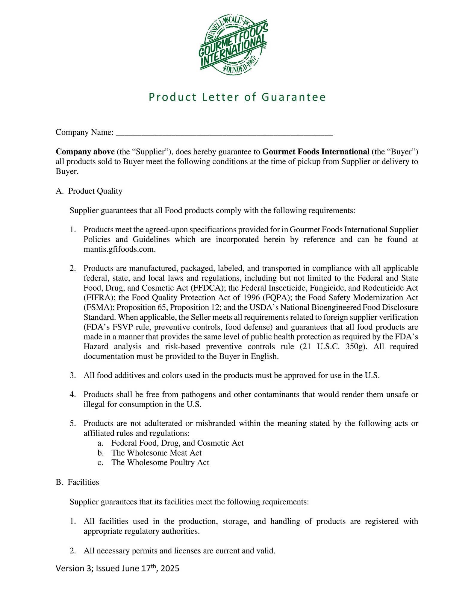 Letter of Guarantee FSVP template by Gourmet Foods International - Issuu