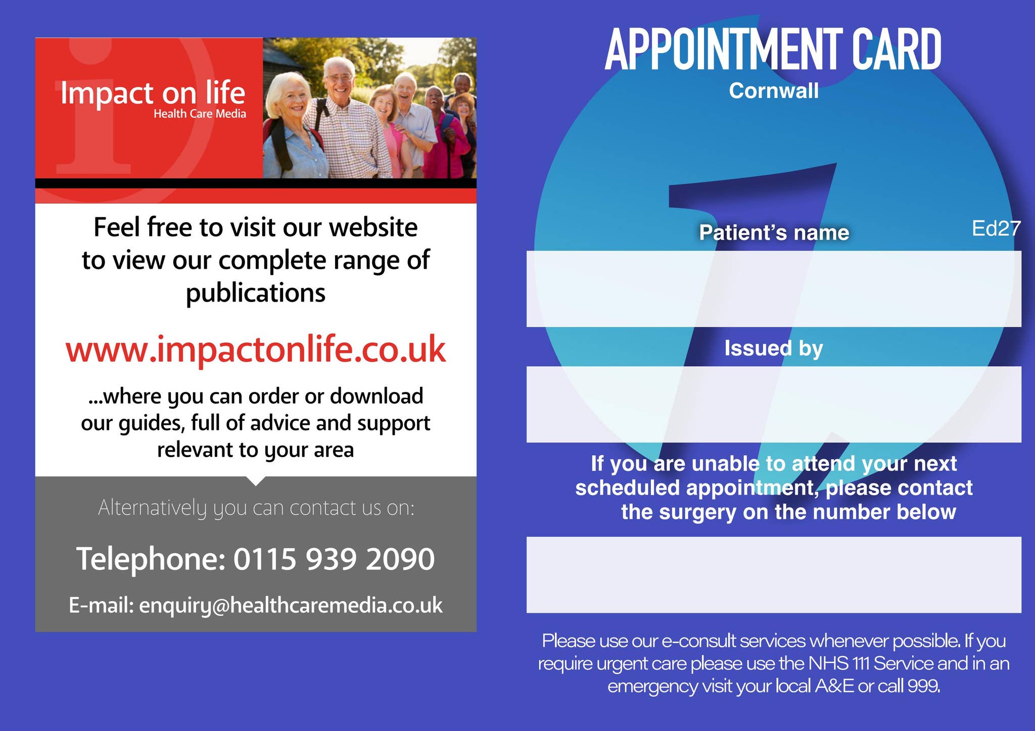 Cornwall GP Appointment Cards Ed 27 by Impact Marketing & Publicity Ltd ...
