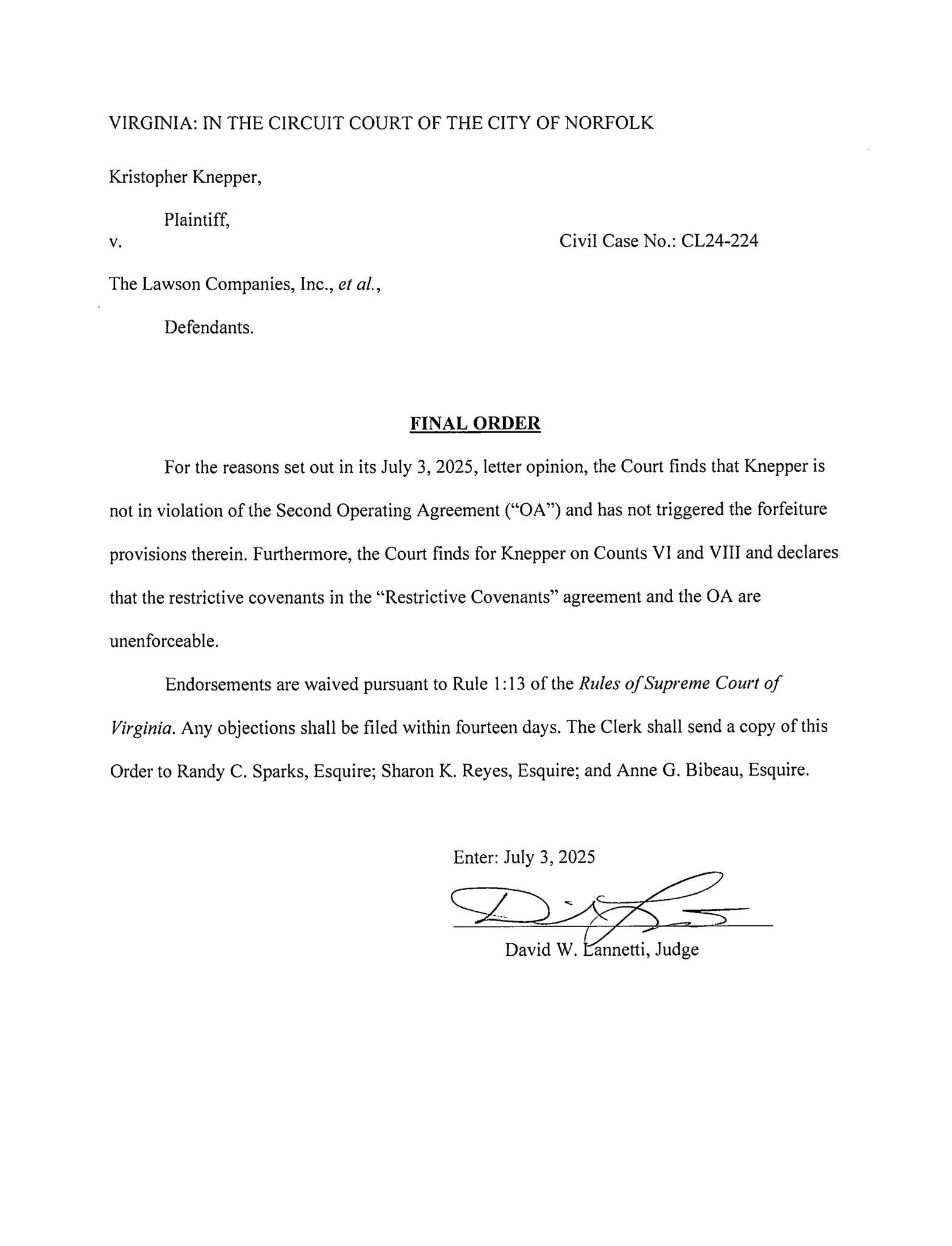 CL24-224 Kristopher Knepper v. The Lawson Companies Inc, et al by ...