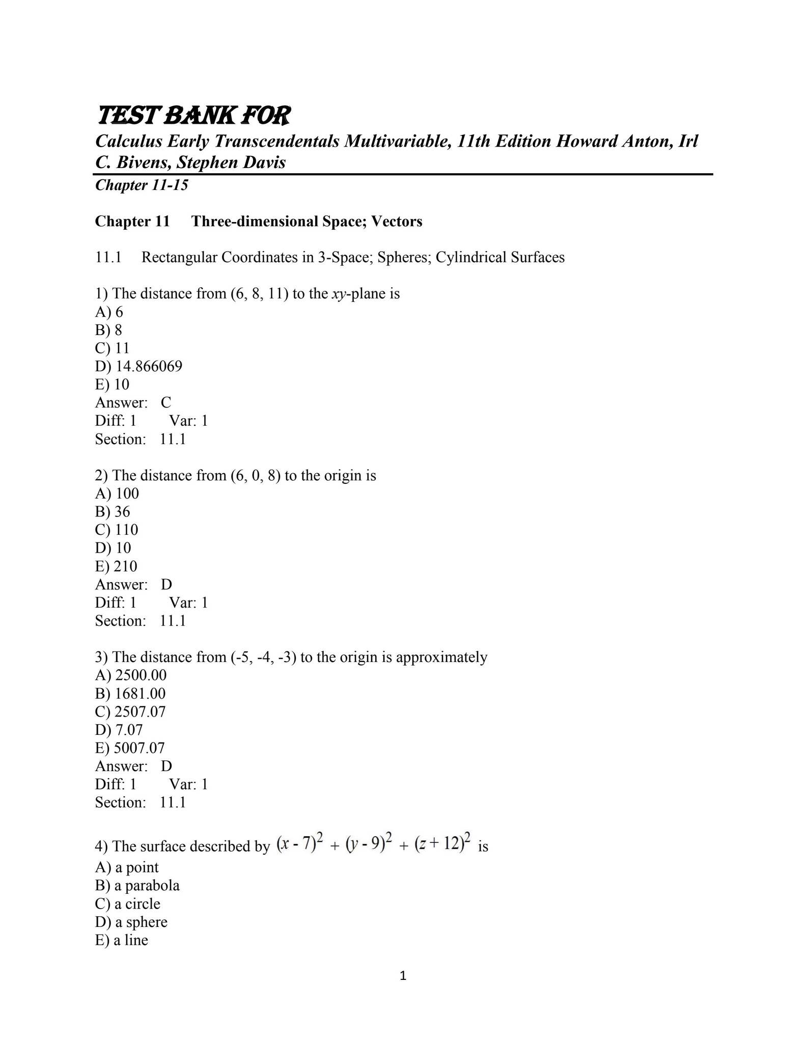 Test Bank for Calculus Early Transcendentals Multivariable, 11th ...