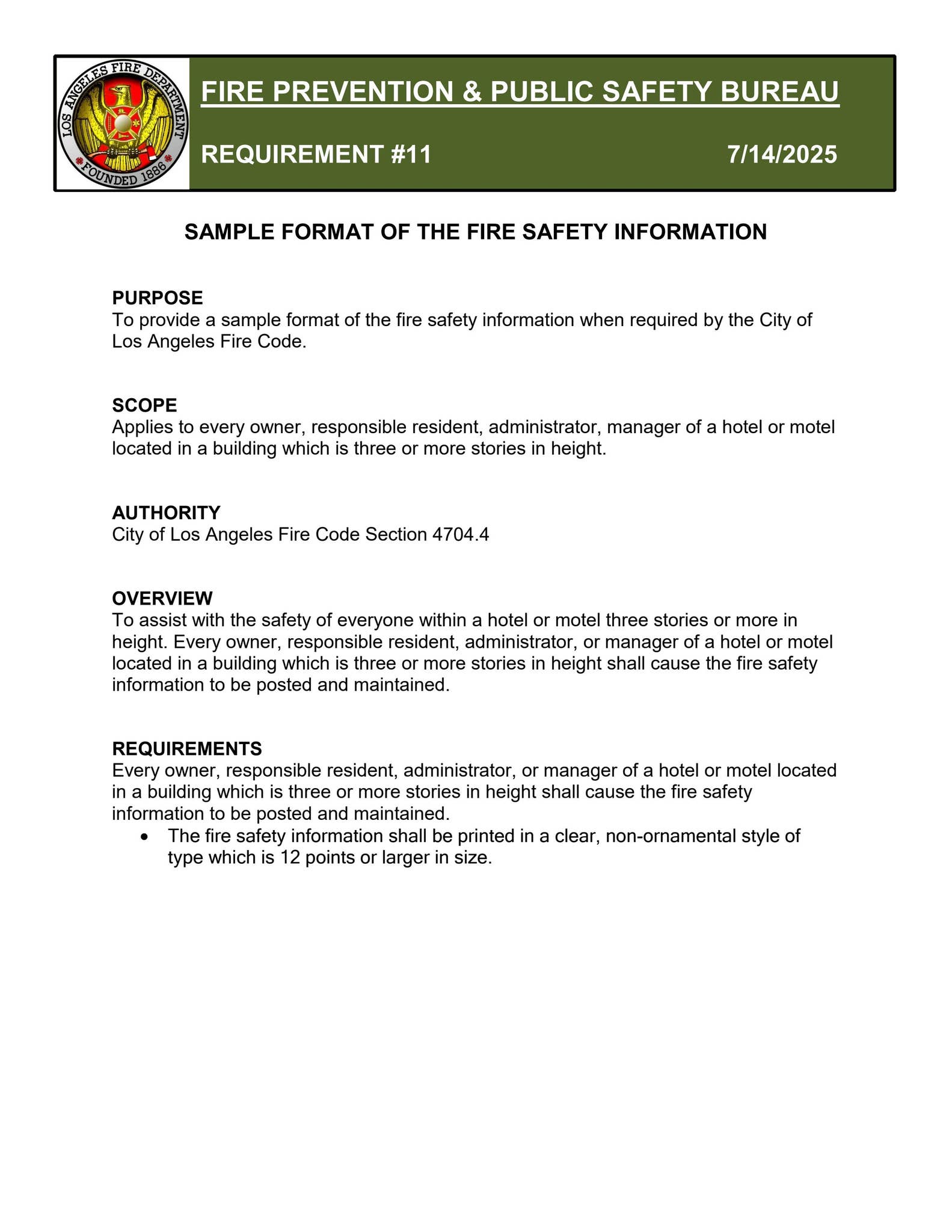 Requirement # 11 - Sample Format of the Fire Life Safety Infomation by ...