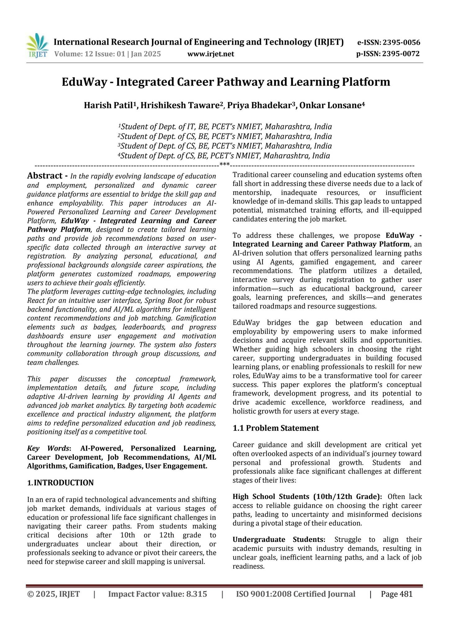 EduWay - Integrated Career Pathway and Learning Platform by IRJET Journal - Issuu