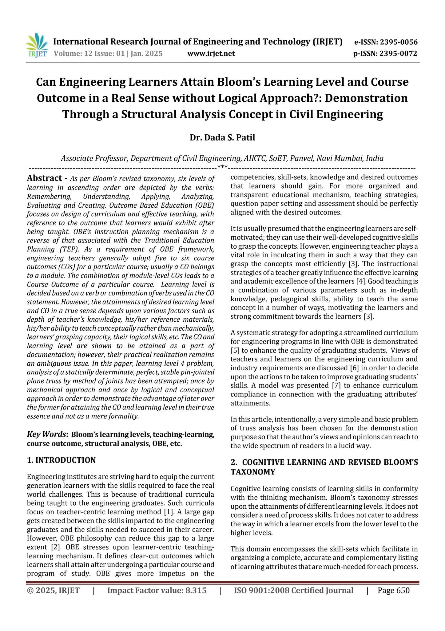 Can Engineering Learners Attain Bloom’s Learning Level and Course ...