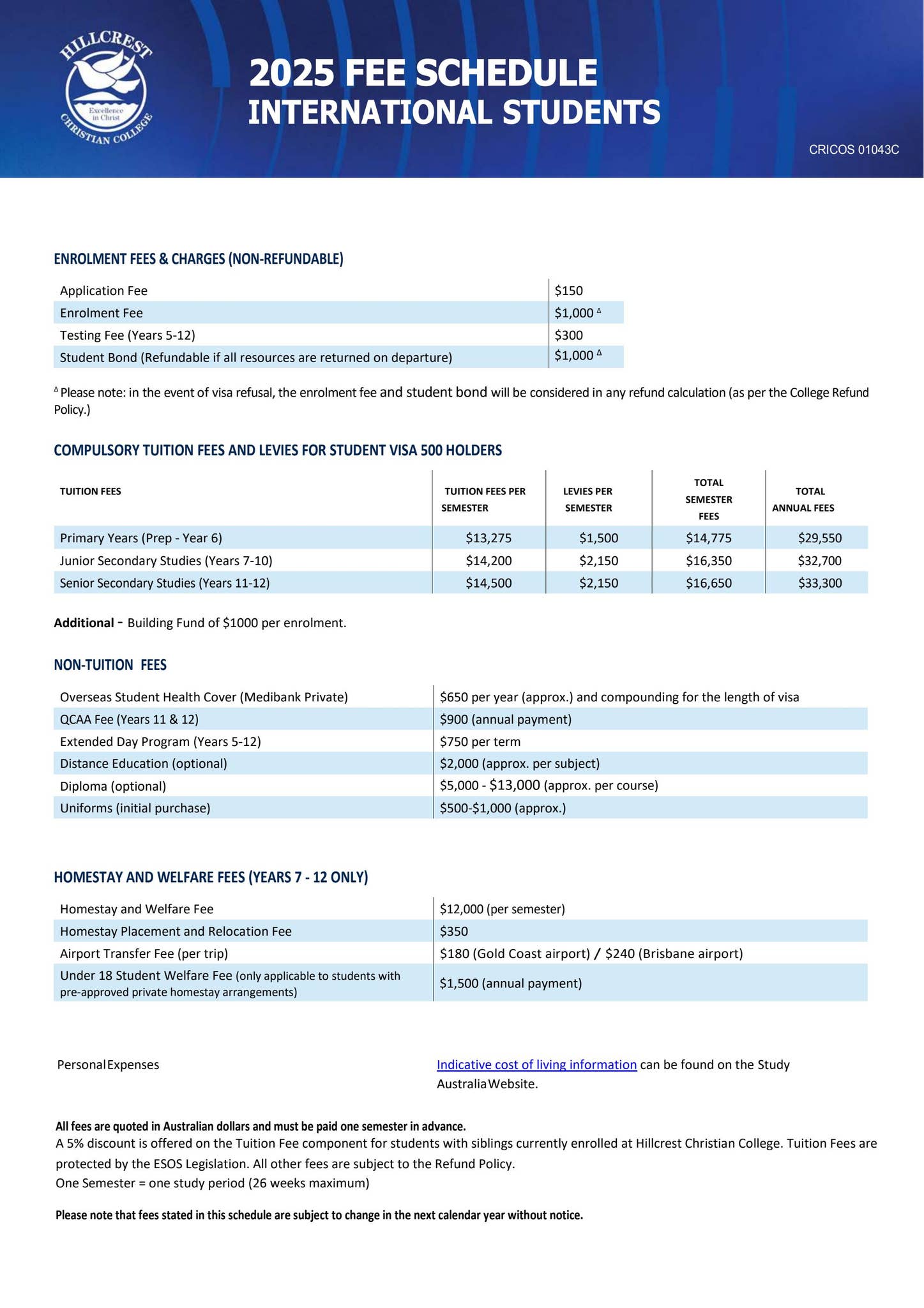 2025 International Student Fee Schedule by Hillcrest Christian College ...