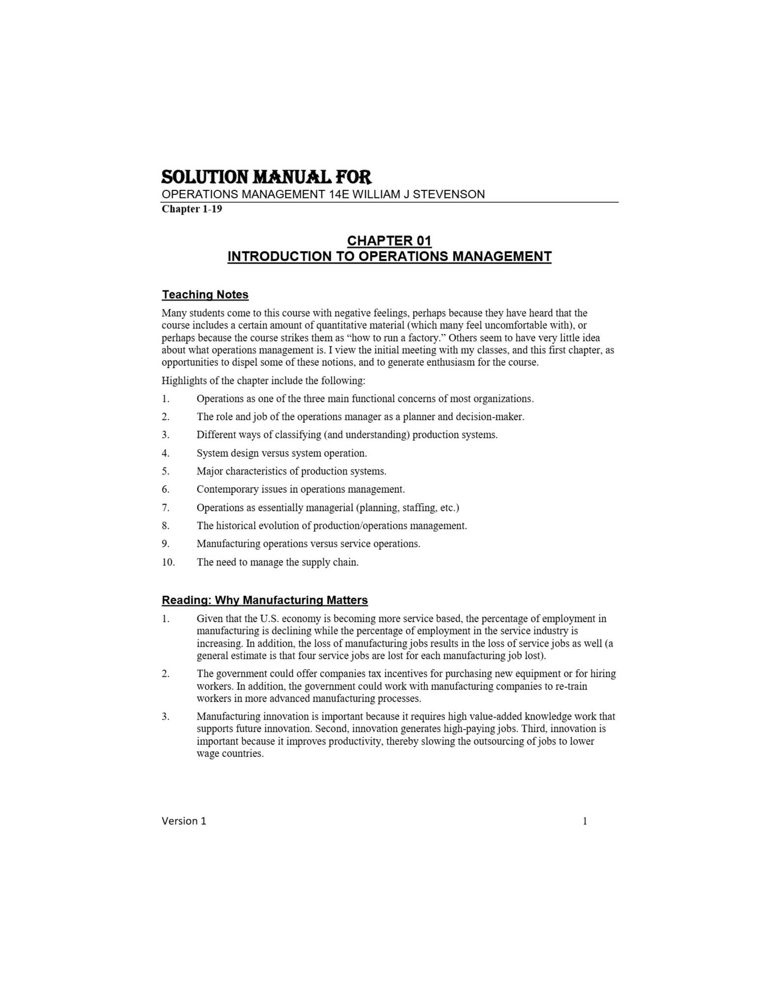 Solutions Manual For Operations Management 14th Edition by William J ...