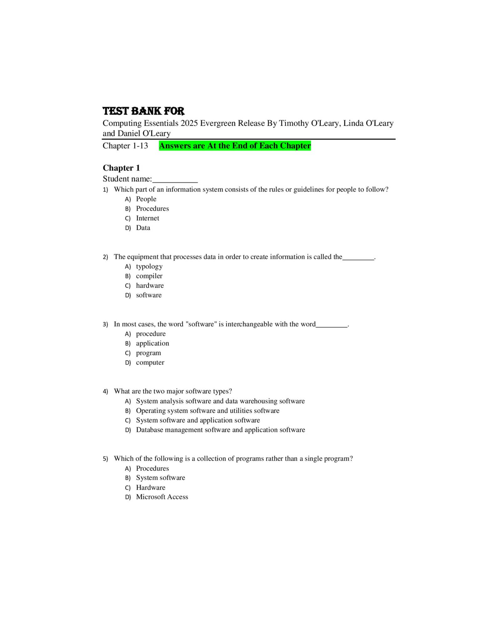Test Bank For Computing Essentials 2025 Evergreen Release By Timothy O ...