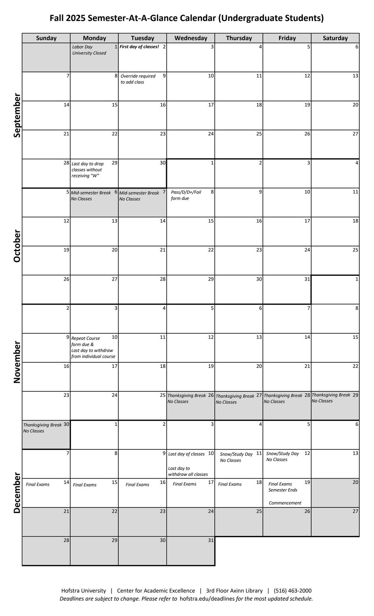 Fall 2025 Semester-At-A-Glance Calendar (Undergraduate Students) by ...