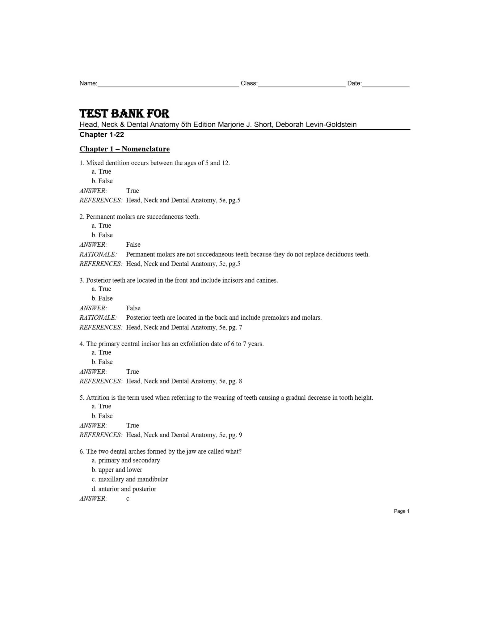 Test Bank For Head,Neck & Dental Anatomy 5th Edition by Marjorie J ...