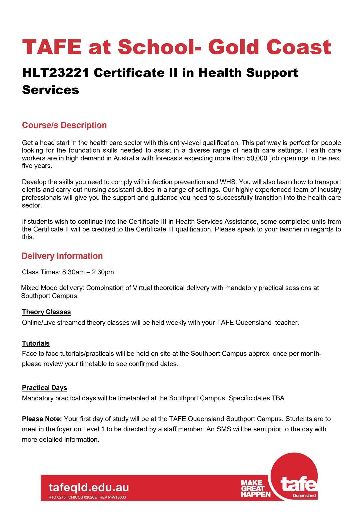 Course Brochure - Certificate II in Health Support Services Southport by tafeqldgctas - Issuu