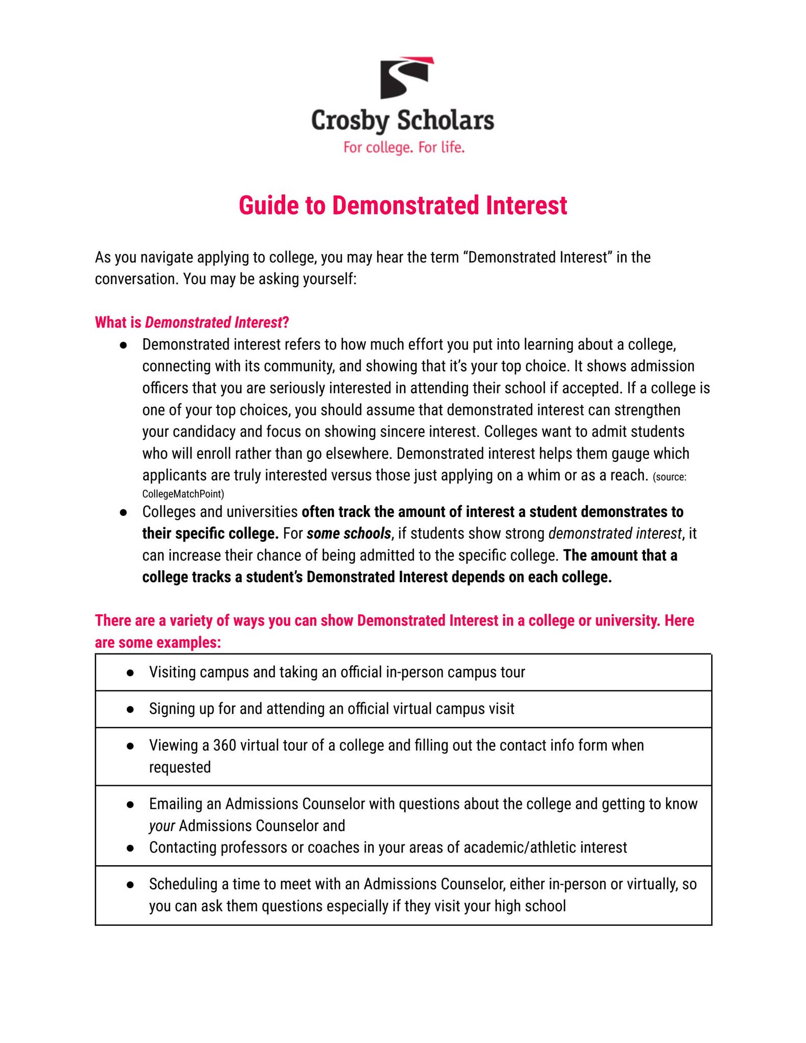Guide to Demonstrated Interest by Crosby Scholars Community Partnership ...