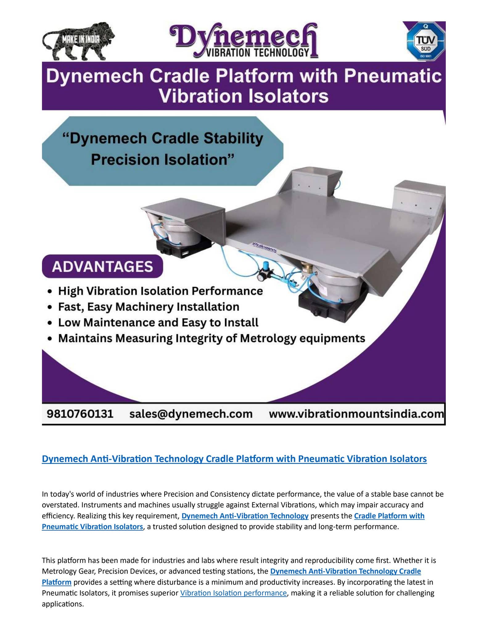 Dynemech Anti-Vibration Technology Cradle Platform with Pneumatic ...
