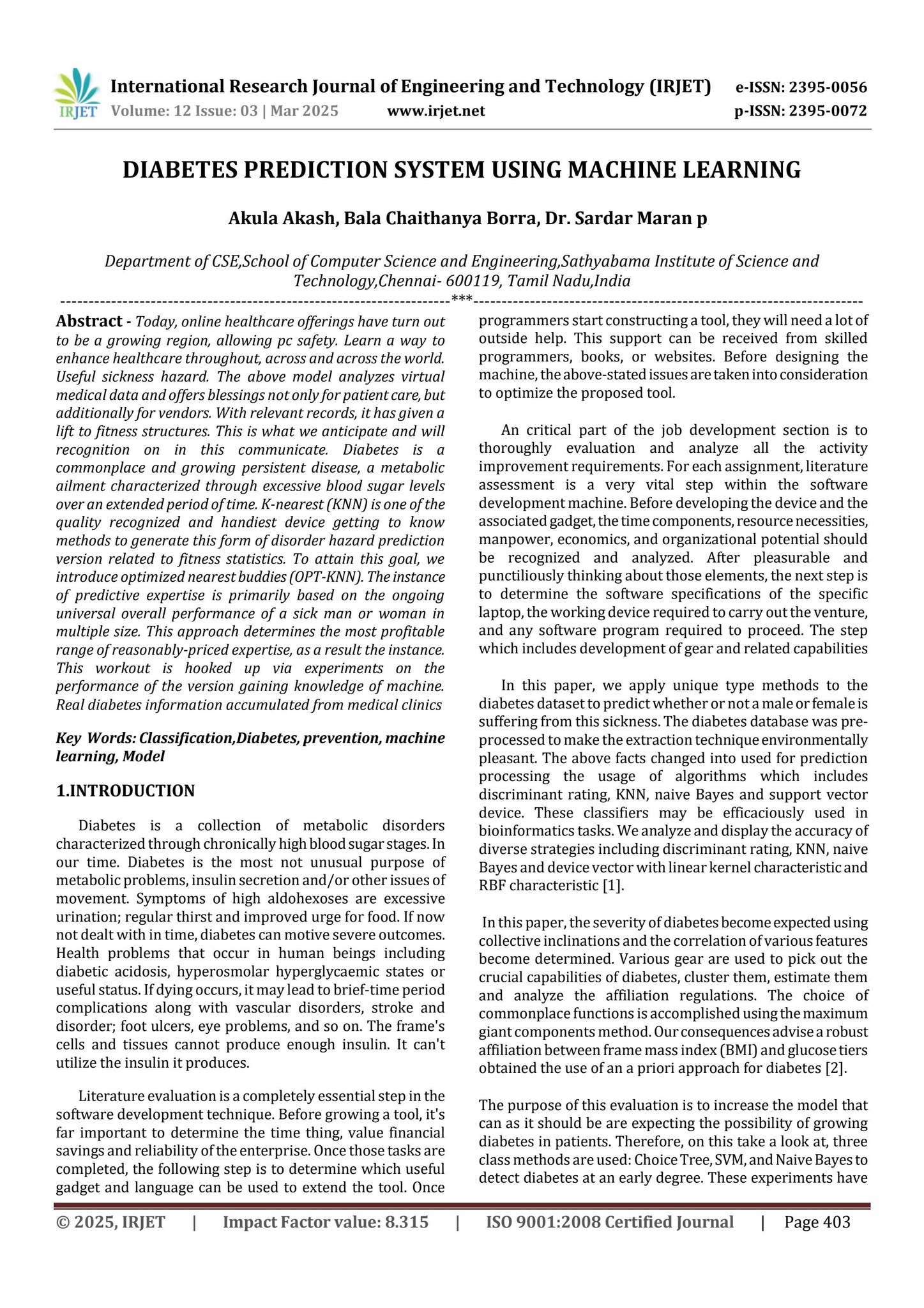DIABETES PREDICTION SYSTEM USING MACHINE LEARNING by IRJET Journal - Issuu