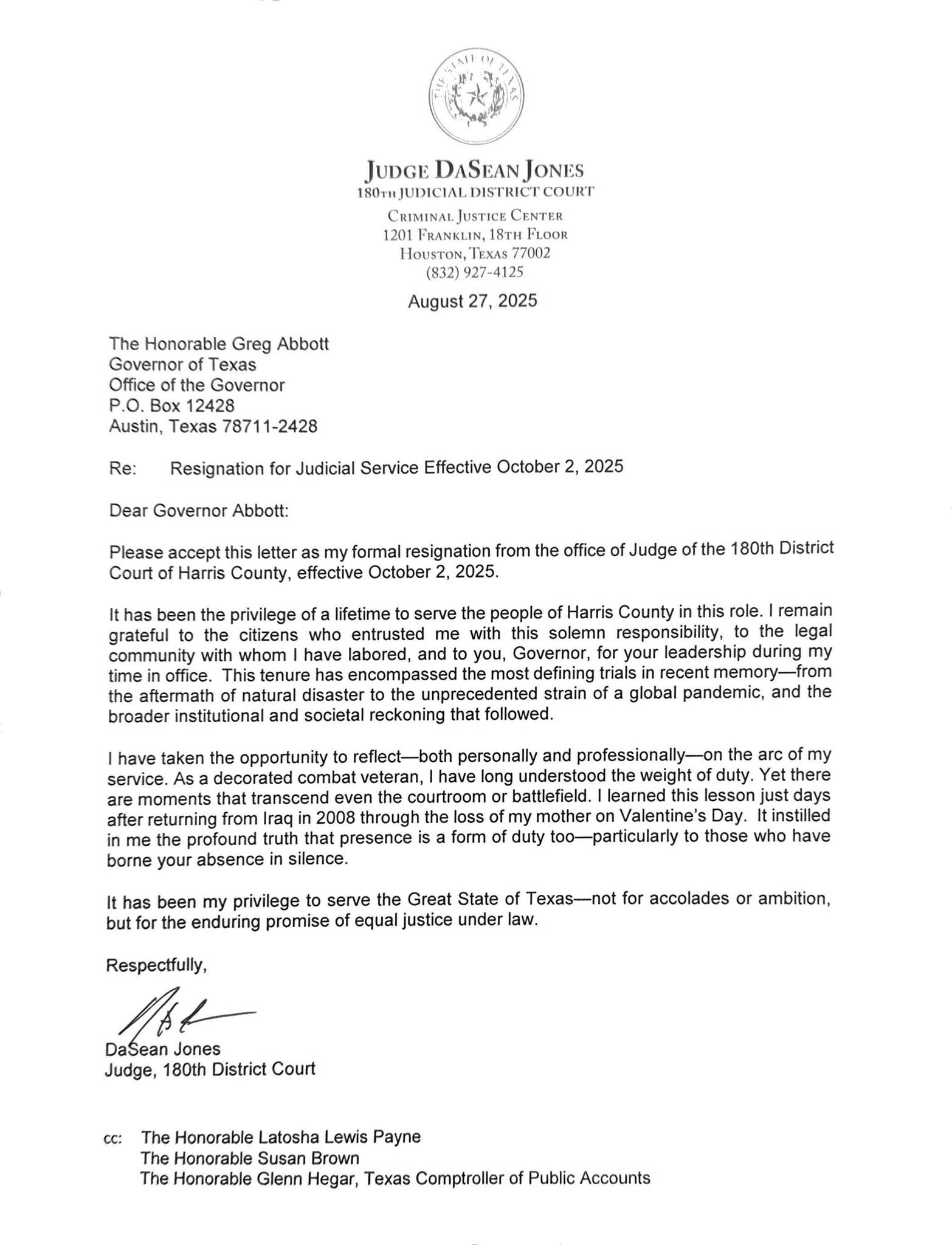 RESIGNATION - Judge DaSean Jones Will Not Seek Re-election in the 2026 ...