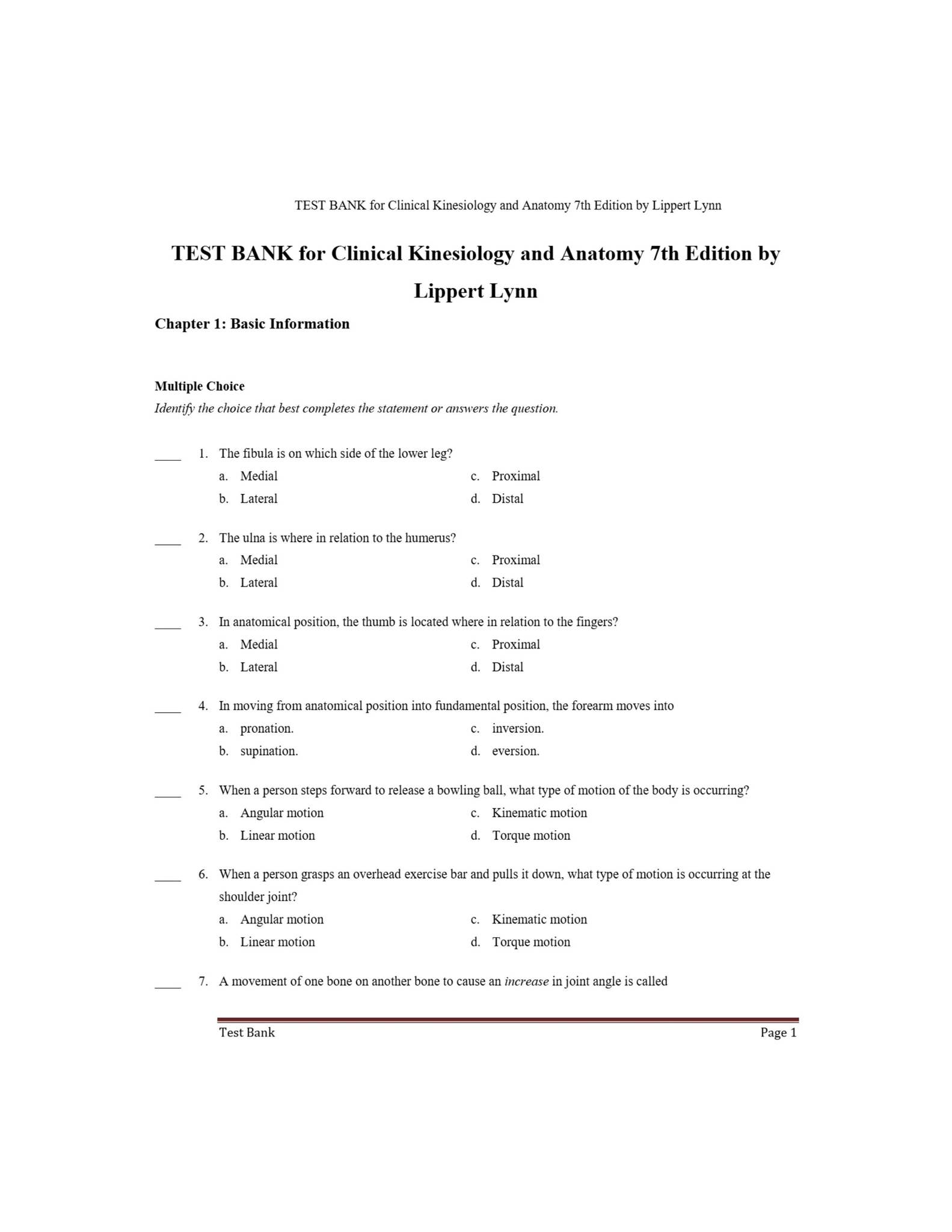 TEST BANK for Clinical Kinesiology and Anatomy 7th Edition by Lippert ...