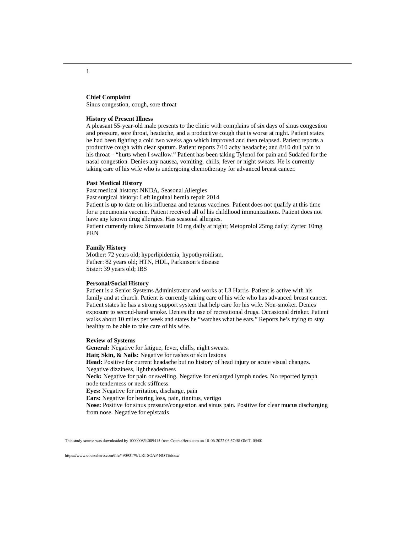 URI SOAP NOTE Chief Complaint Sinus congestion, cough, sore throat by ...