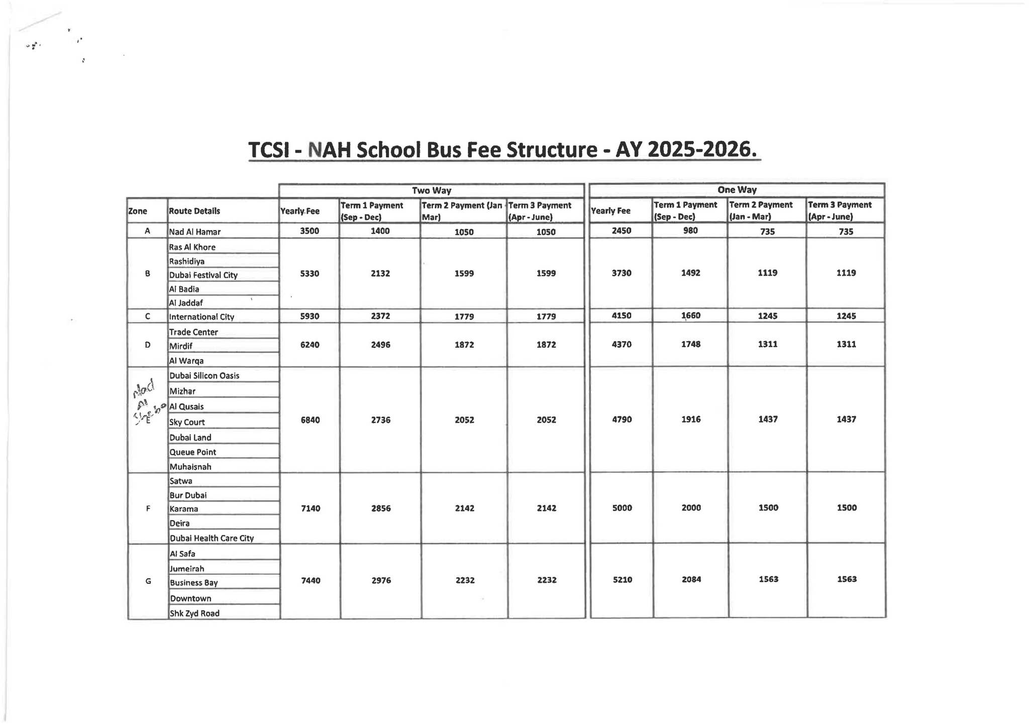 Bus Fee Structure Nad Al Hamar 2023-2024 by THE CITY SCHOOL ...