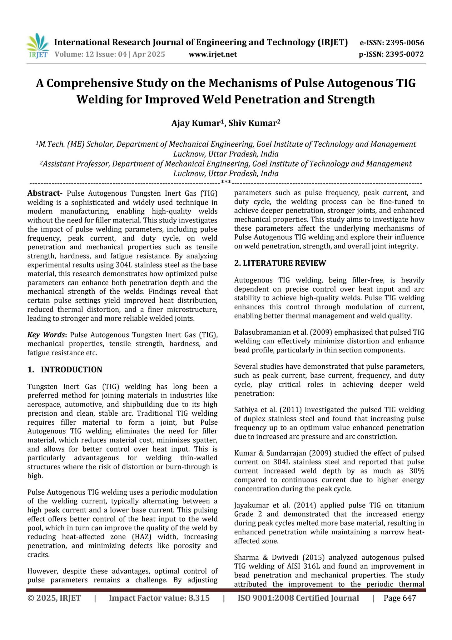 A Comprehensive Study on the Mechanisms of Pulse Autogenous TIG Welding ...