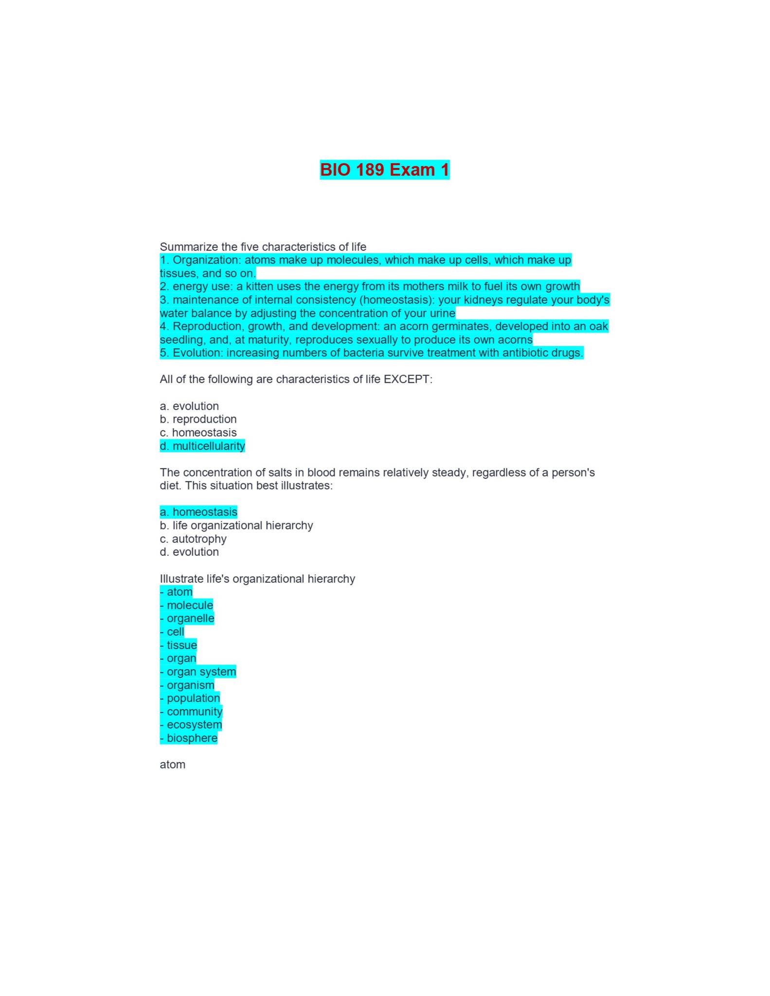 BIO 189 Exam 1 Answered with complete solutions by Scholarfriends - Issuu