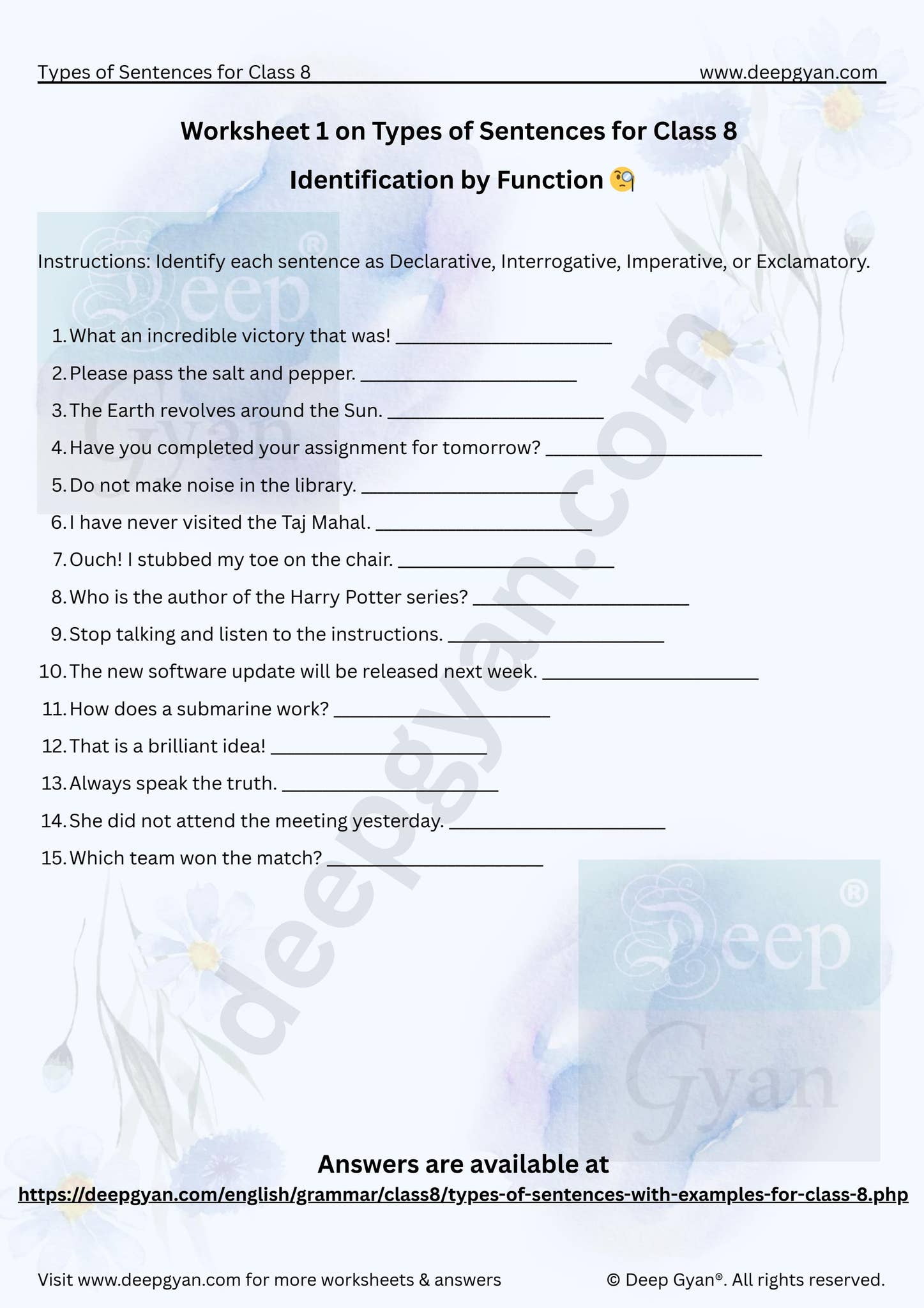 Worksheets on Types of Sentences for Class 8 by Deep Gyan CS Executive Coaching Classes - Issuu