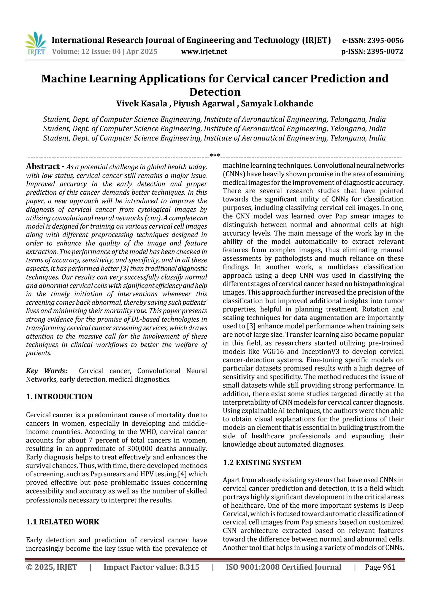 Machine Learning Applications for Cervical cancer Prediction and ...